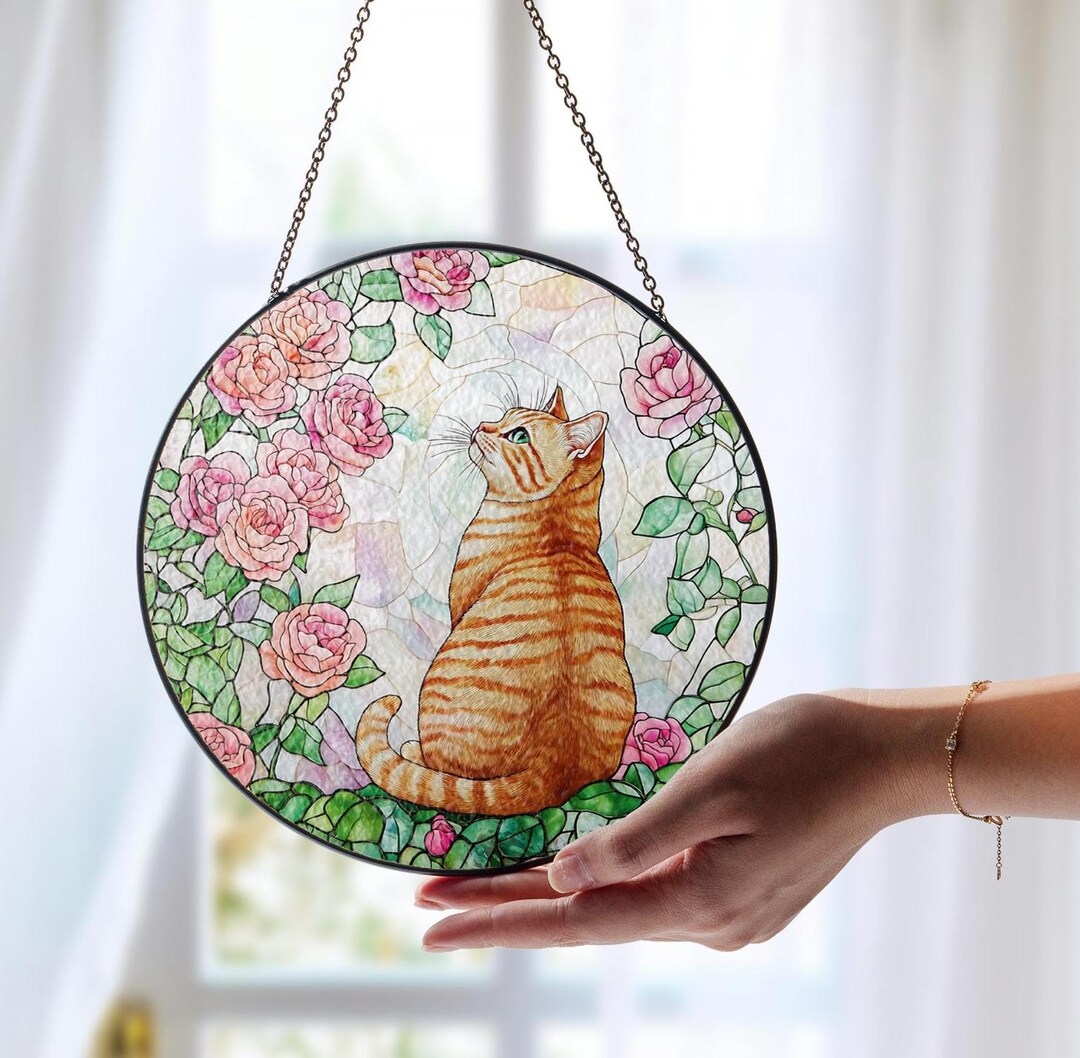 Personalized Tabby Orange Cat With Flowers Stained Glass Suncatcher ...