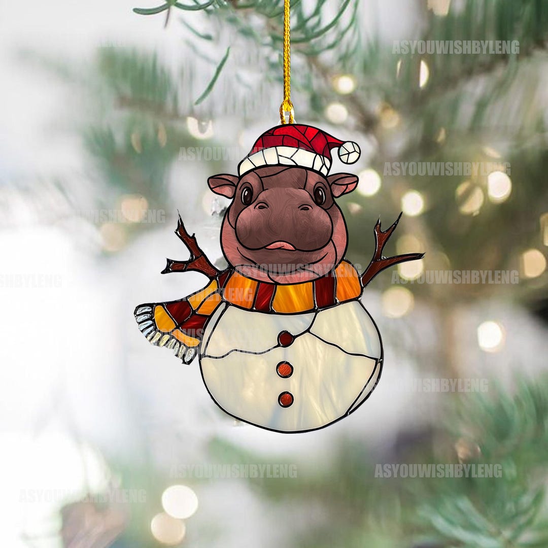 Moo Deng Christmas Ornament, Cute Hippo Moo Deng Window Hanging, Funny ...
