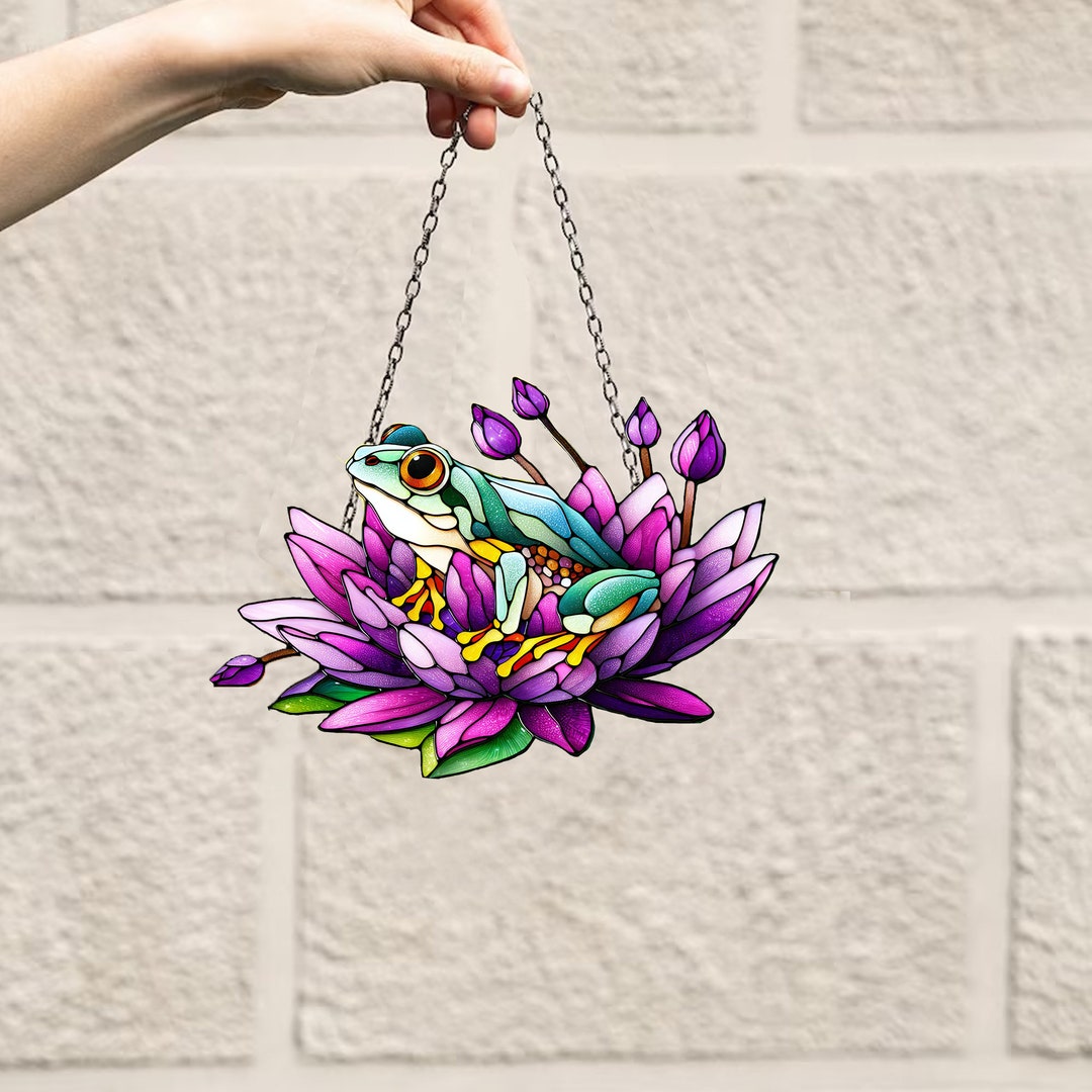 Frog Purple Lotus Window Decor, Flowers Acrylic Window Hanging Art ...