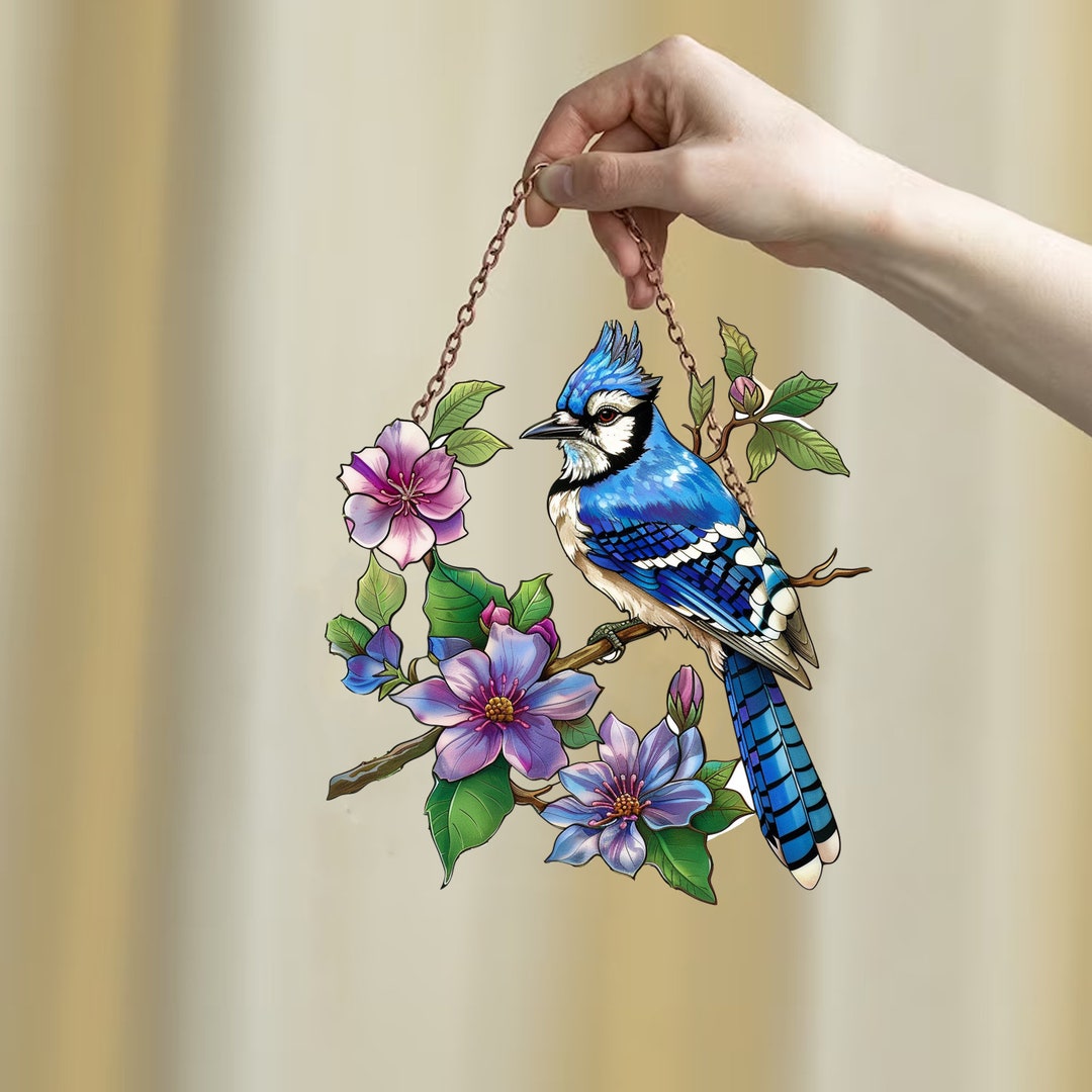 Blue Jay & Peony Acrylic Window Hanging: Nature Home Decor - Etsy