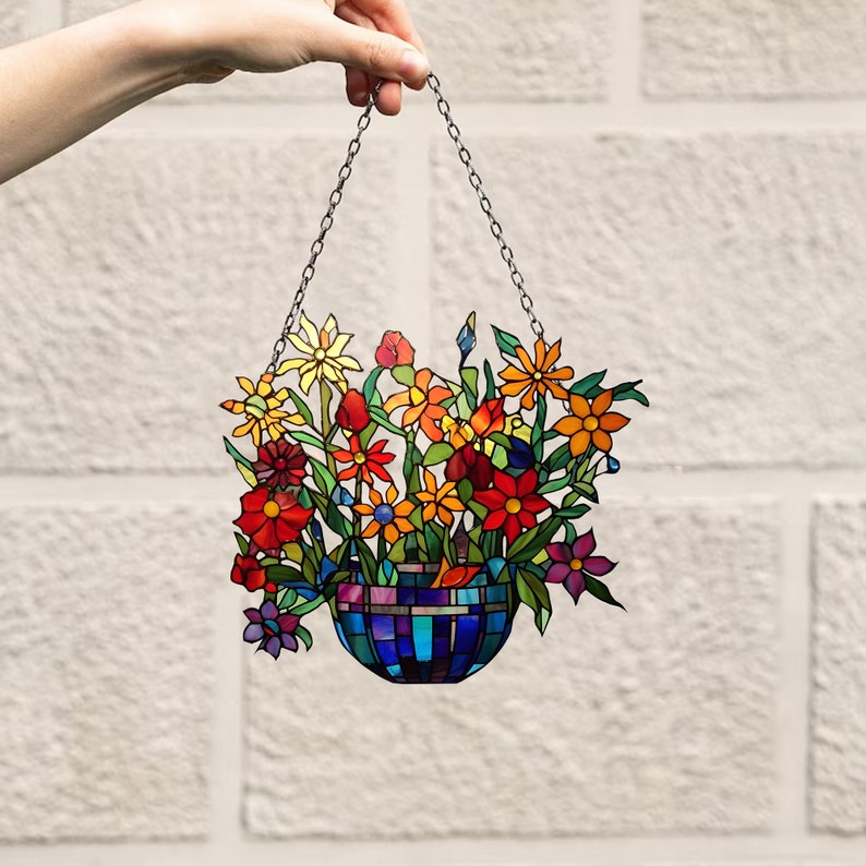 Acrylic Floral Window Hanging: Colorful Flower Pot Ornament - Etsy
