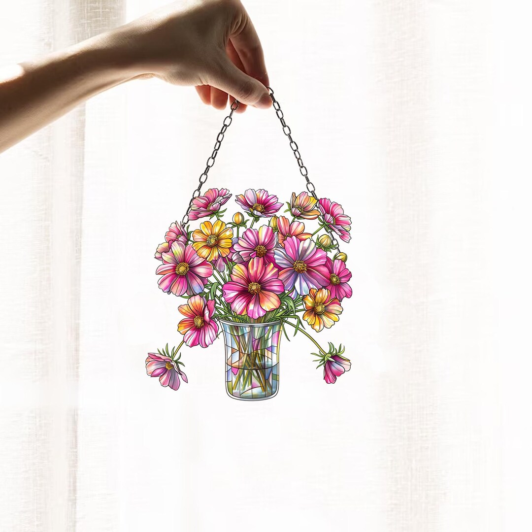 Cosmos Flower Pot Window Hanging, Flowers Acrylic Window Hanging Art ...