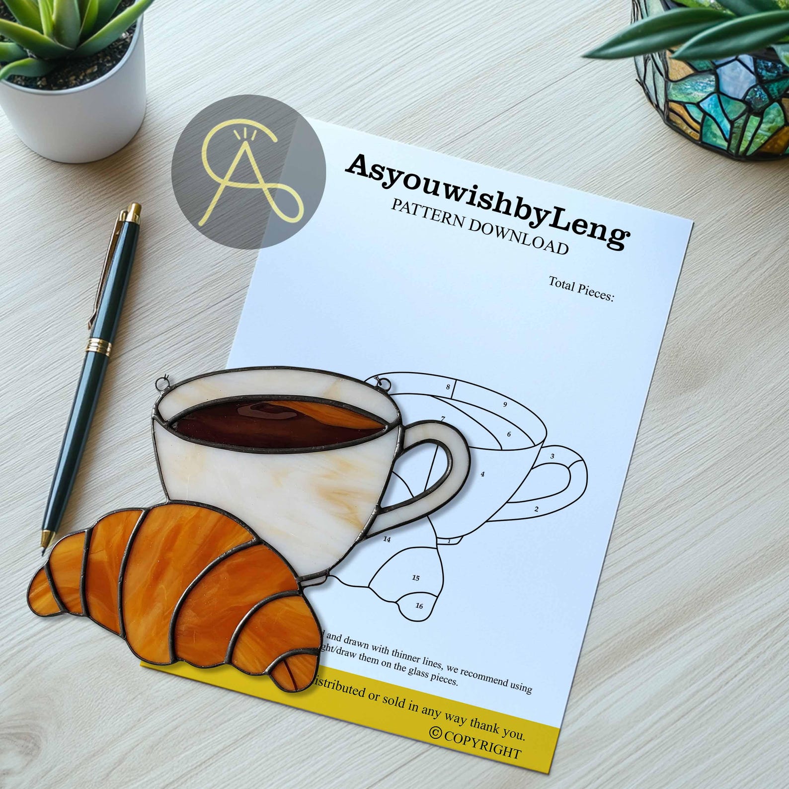 Tea and Croissant Stained Glass Pattern: DIY Decor (digital Download ...