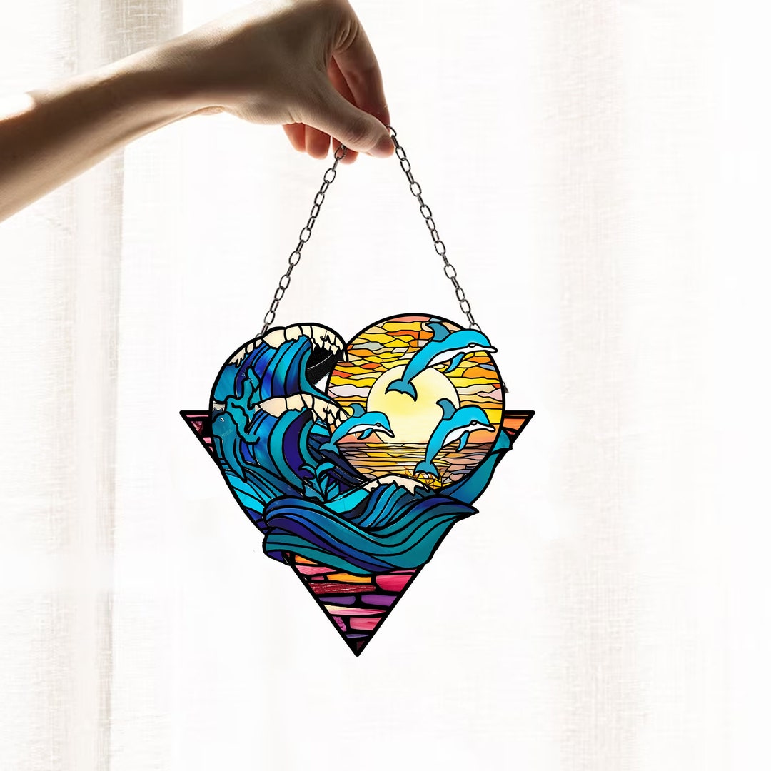 Ocean Wave Window Decor, Sunset on Beach Acrylic Ocean Mysterious, Window Hangings, Kanagawa ...