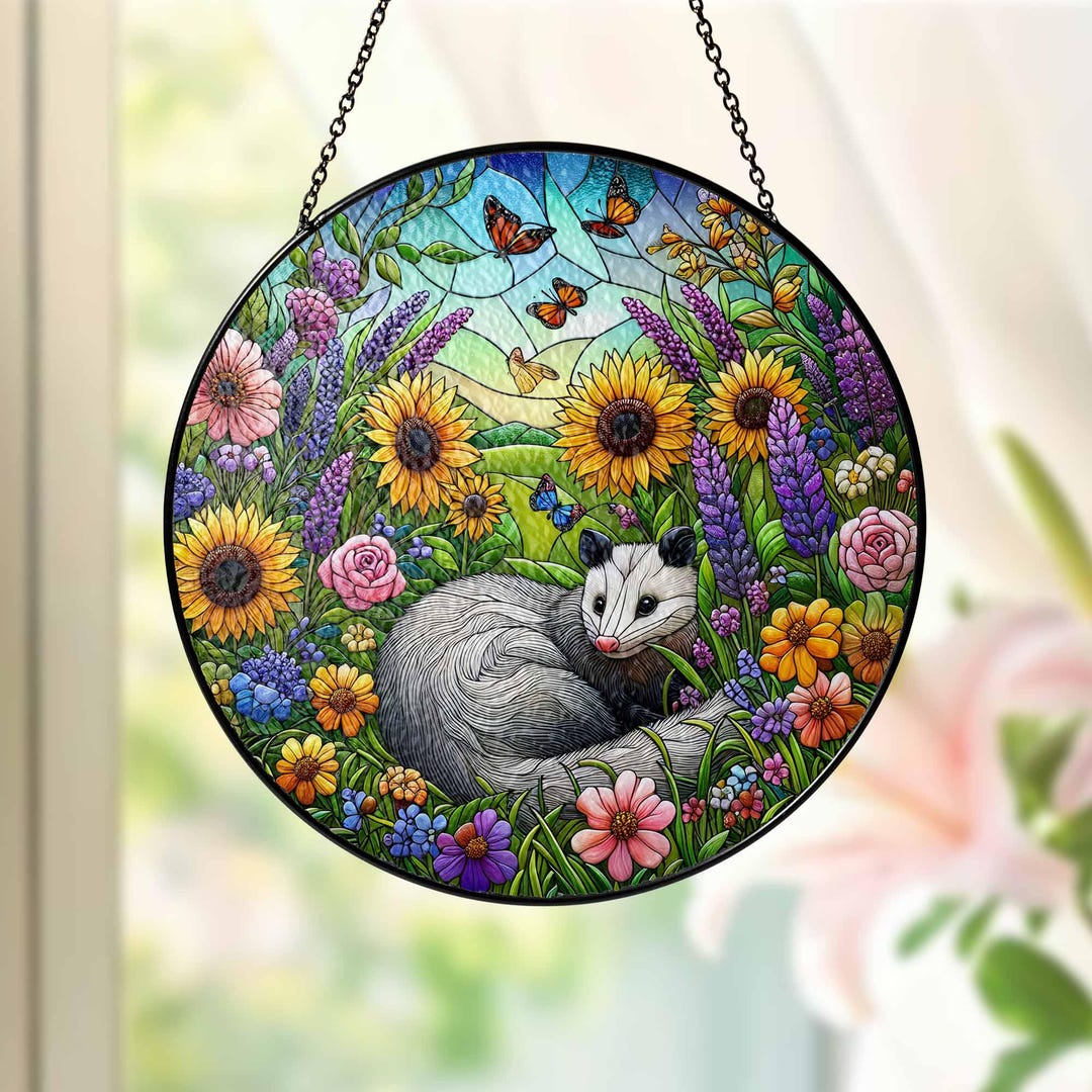Opossum and Wildflowers GLASS Suncatcher Hanging, Opossum Window Art ...