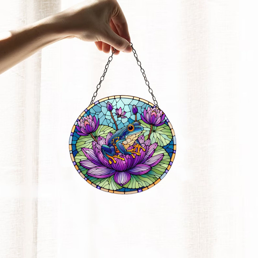 Frog Purple Lotus Window Decor, Flowers Acrylic Window Hanging Art ...