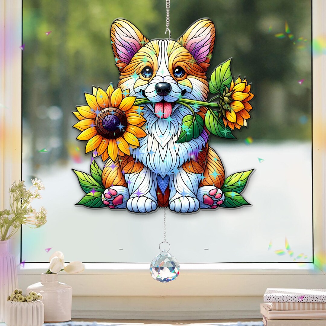 Corgi With Sunflowers Hologram Crystal Window Hanging, Dog Acrylic ...