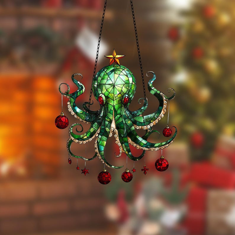 Green Octopus Christmas Ornament: Acrylic Window Decor - Etsy