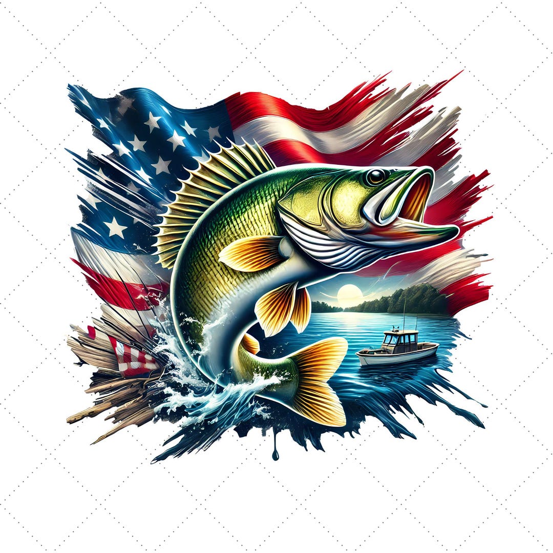 Walleye Fishing PNG With USA Flag and Lake Scene, Patriotic Digital ...