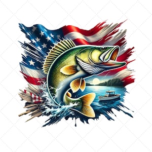 Walleye Fishing PNG With USA Flag and Lake Scene, Patriotic Digital ...