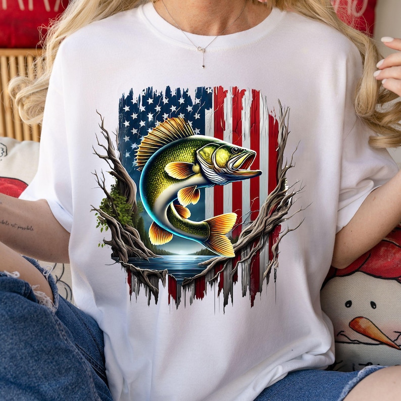 Walleye Fishing PNG: USA Flag Lake Scene, Patriotic Sublimation ...