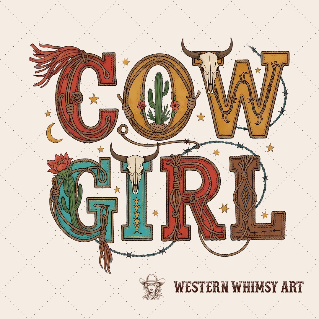 Cowgirl Western PNG: Rope Lettering, Steer Skull & Cactus (digital ...