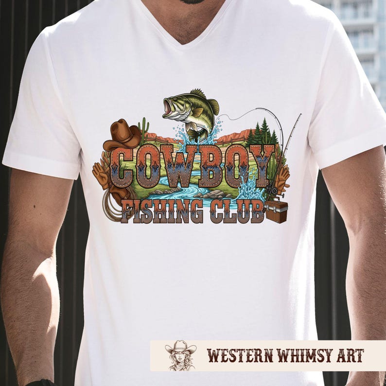 Cowboy Fishing Club PNG: Western Bass River Scene - Sublimation Design ...
