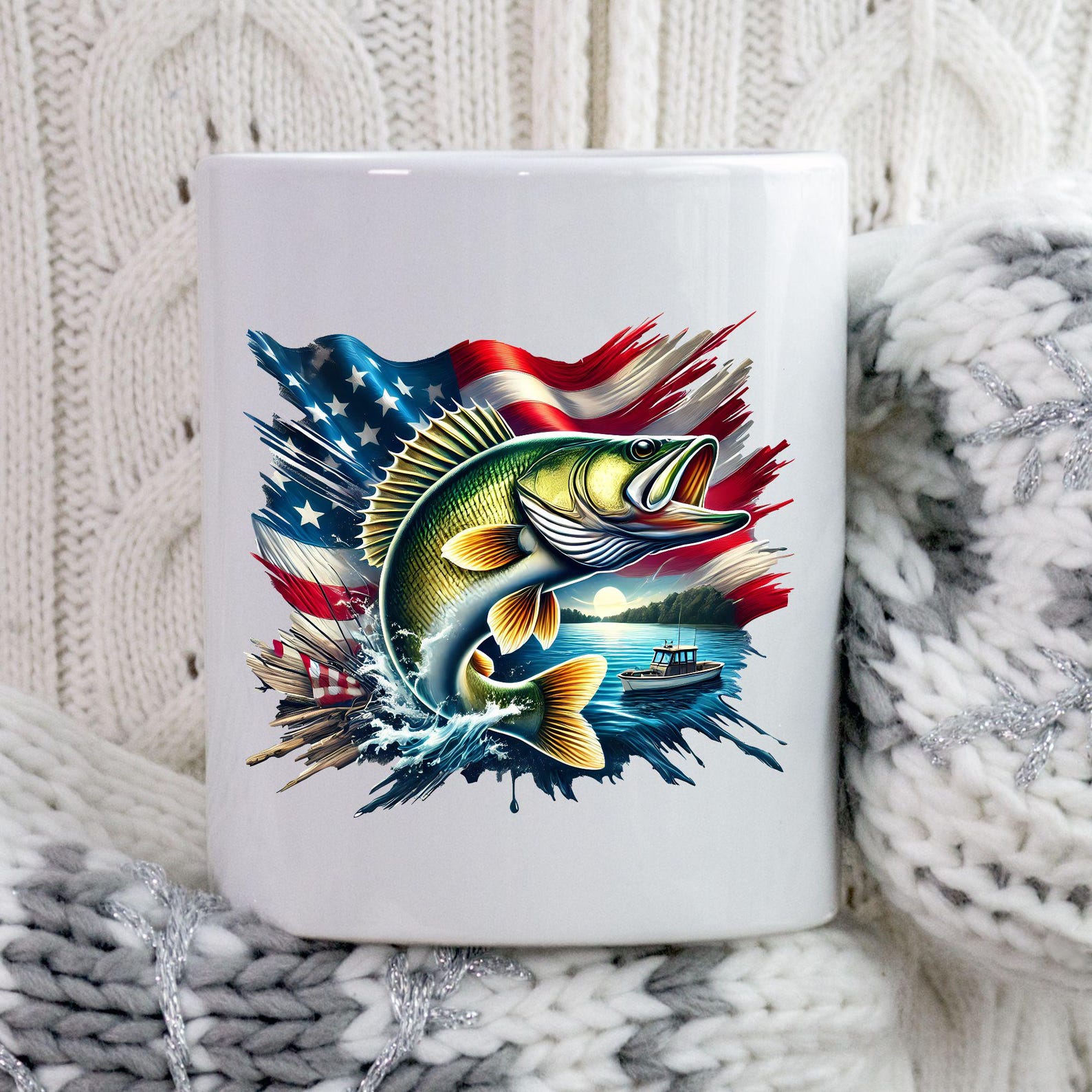 Walleye Fishing PNG: USA Flag Lake Scene, Patriotic Clipart (digital ...