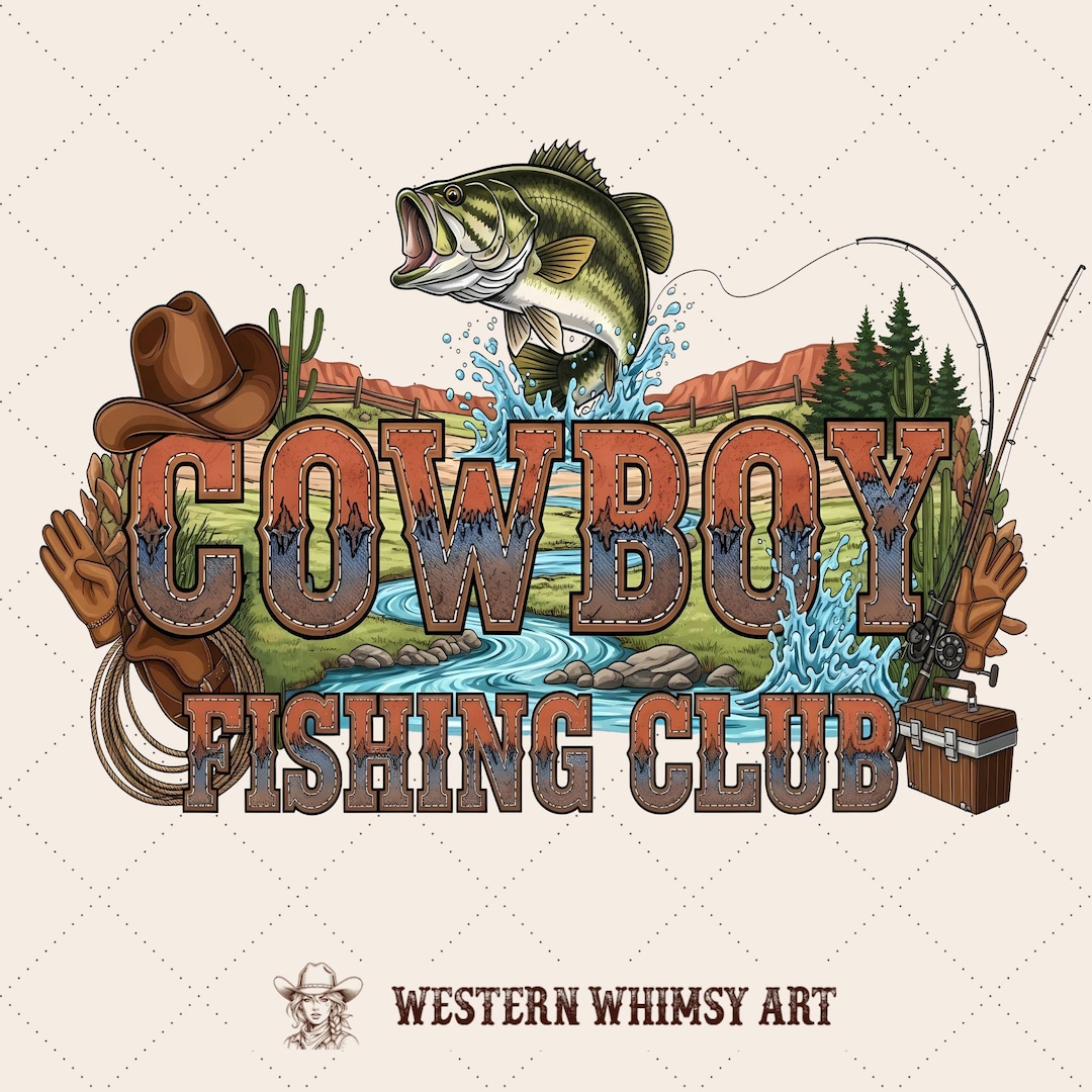 Cowboy Fishing Club PNG: Western Bass River Scene - Sublimation Design ...