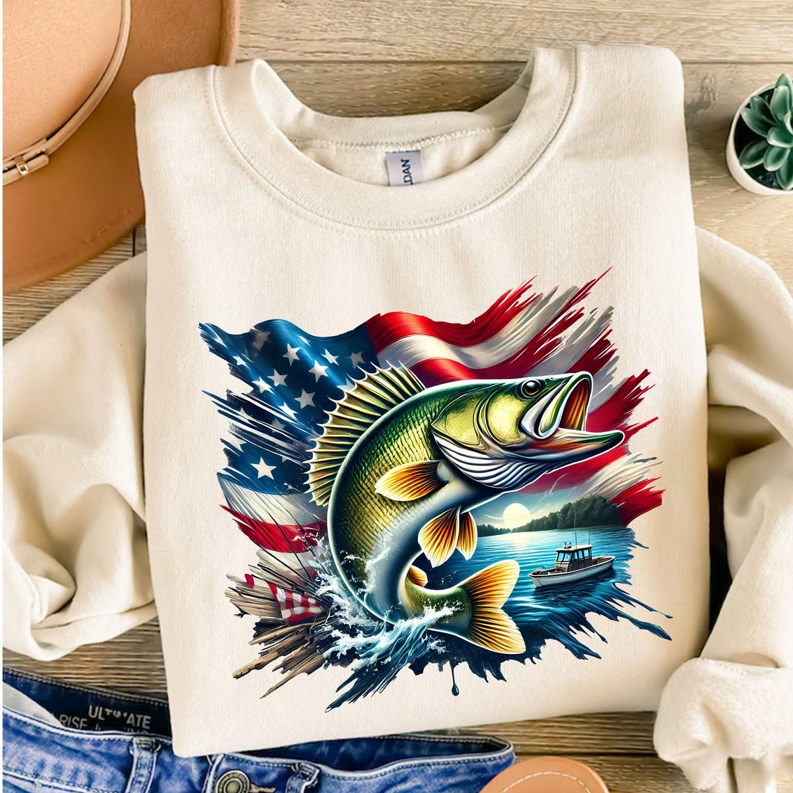 Walleye Fishing PNG: USA Flag Lake Scene, Patriotic Clipart (digital ...