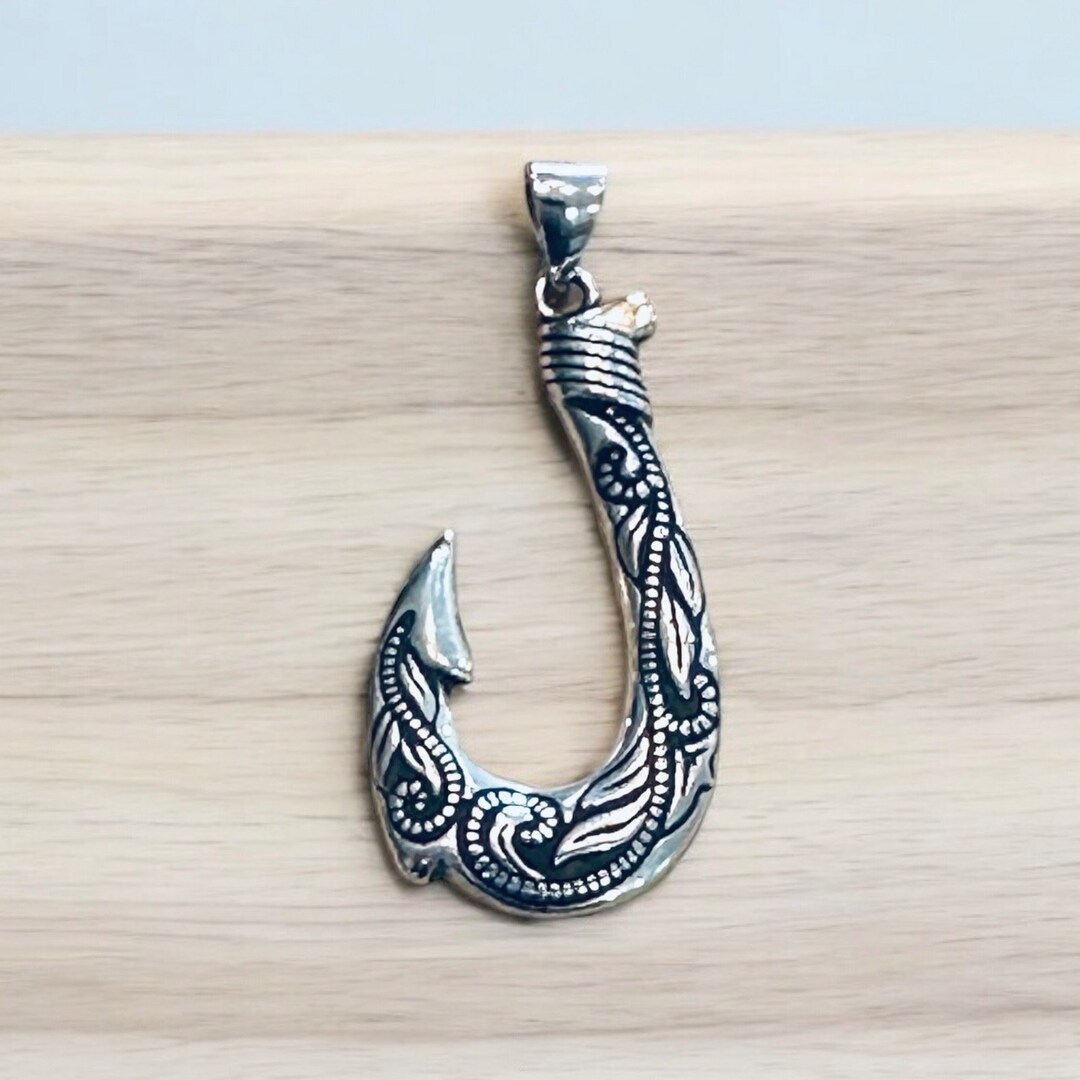 Sterling Silver Large Fish Hook Pendant - Etsy