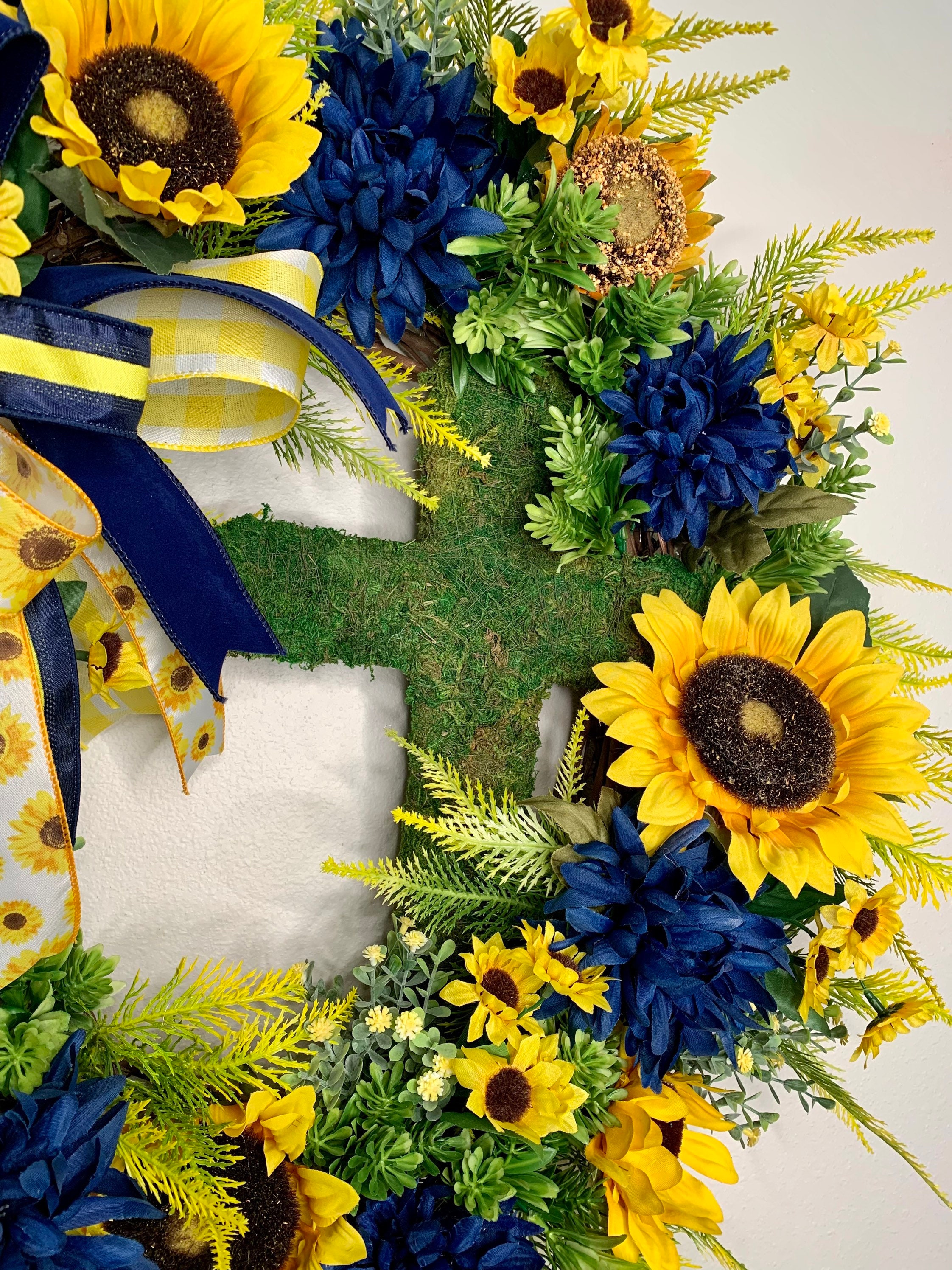 Blue and Yellow Sunflowers With Moss Cross on an 18 Grapevine Wreath - Etsy