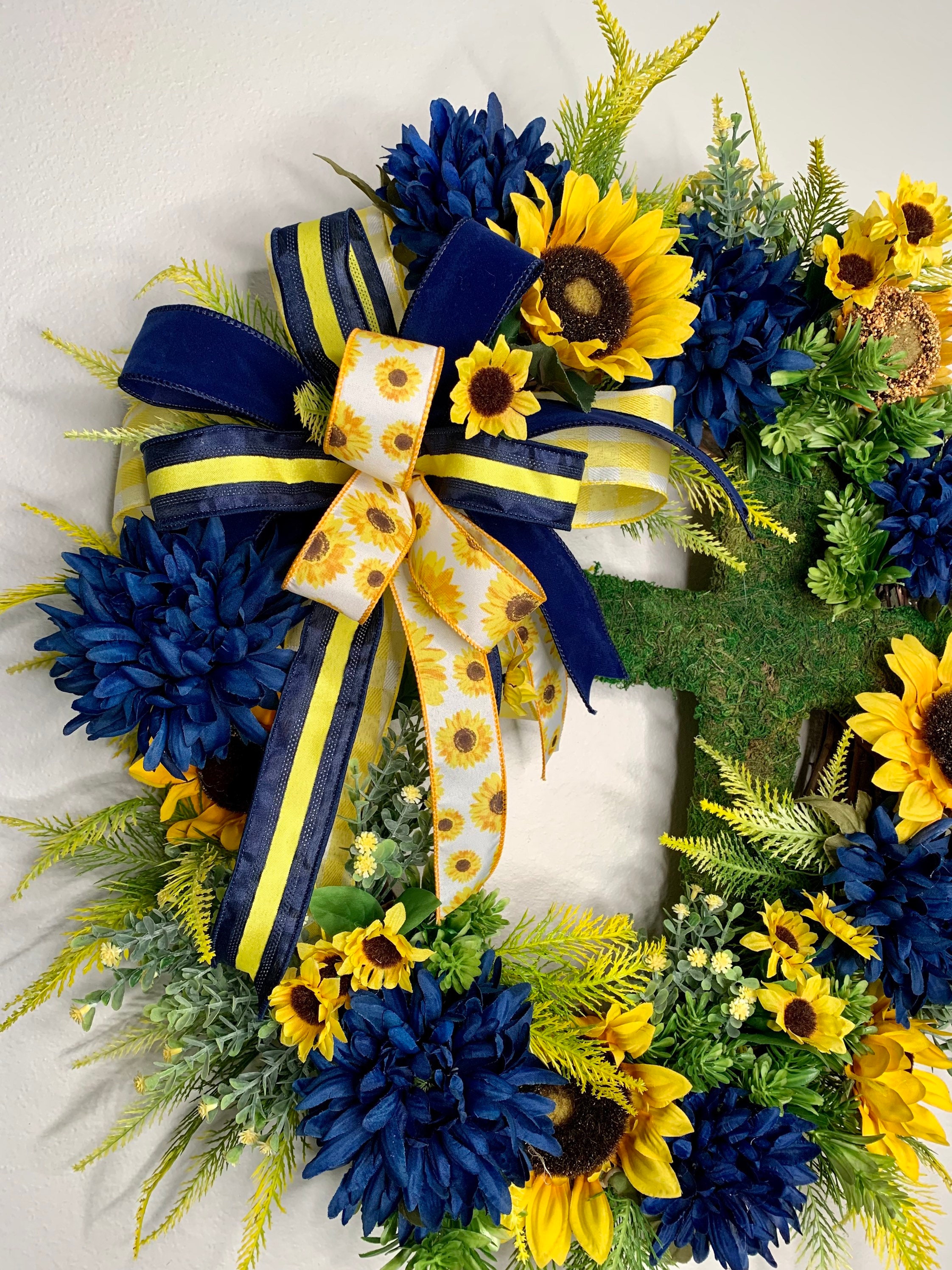 Blue and Yellow Sunflowers With Moss Cross on an 18 Grapevine Wreath - Etsy