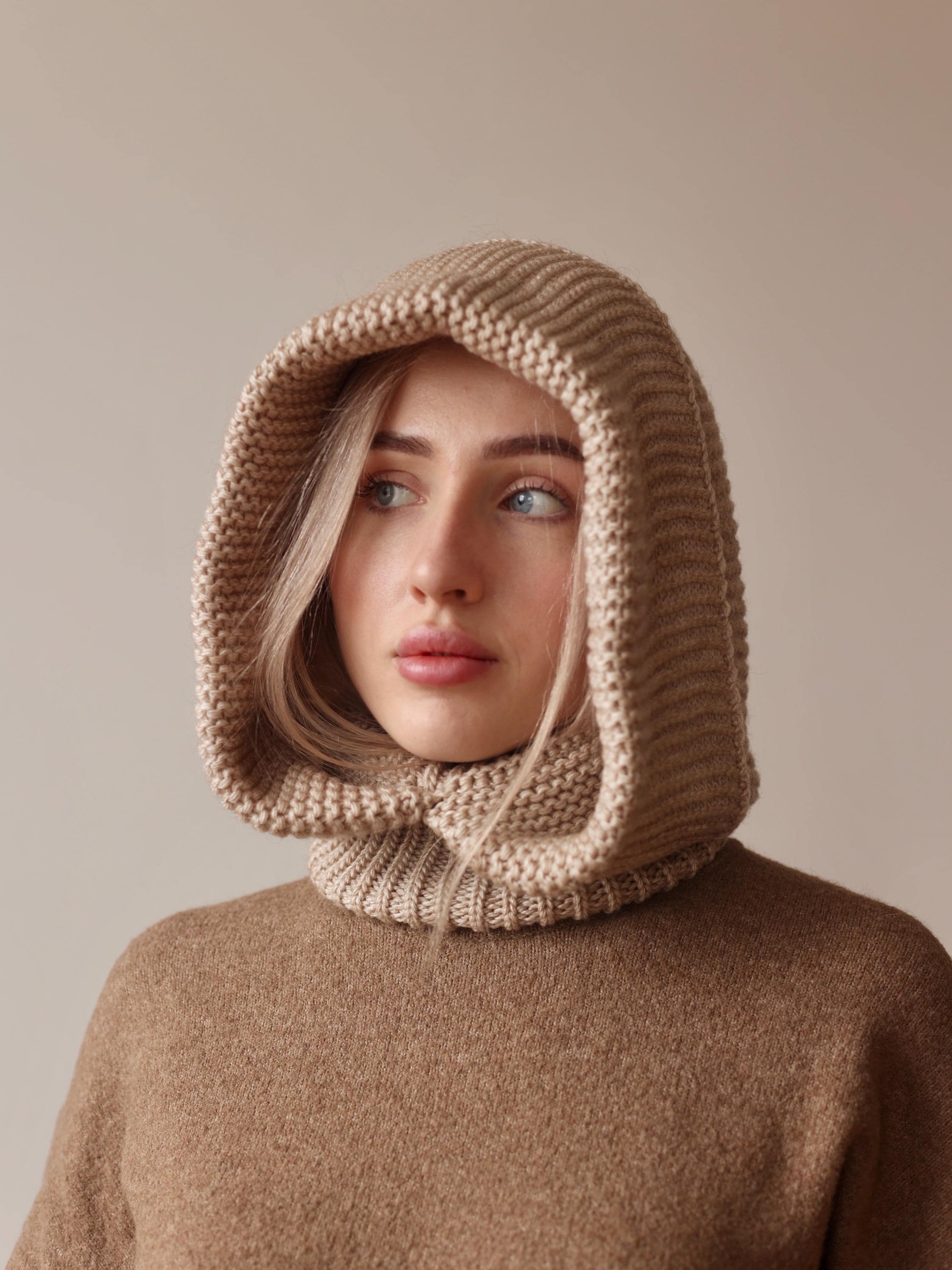 Beige Hooded Scarf Womens Snood Knitted Hooded Scarf Warm Hooded Snood ...