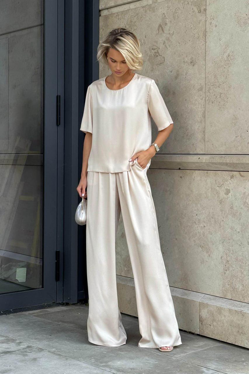 Silk Top and Wide Leg Pants Set for Women, Half Sleeve Silk Blouse ...