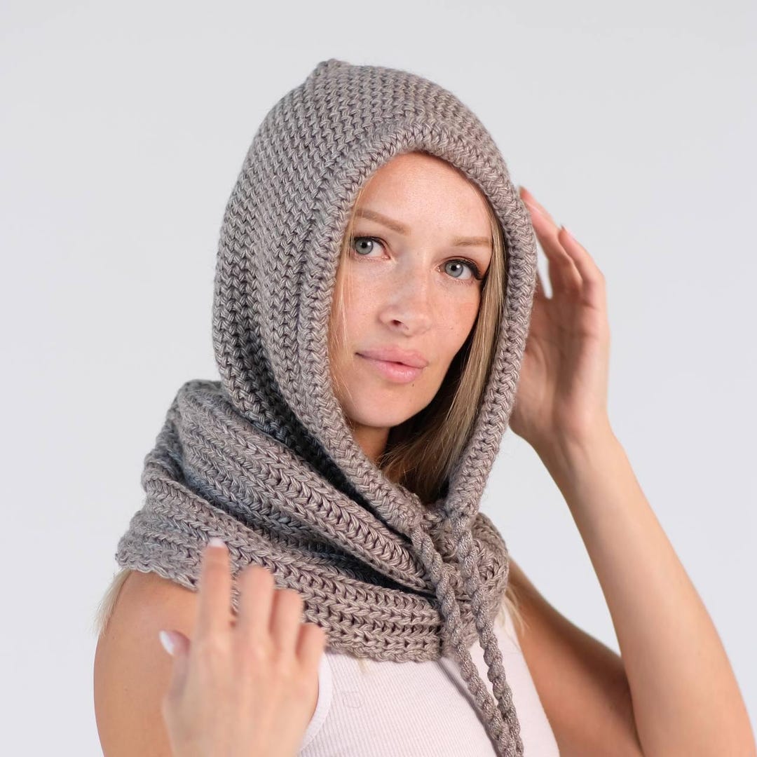 Black Hooded Scarf, Knit Wool Hood Scarf, Womens Snood, Scarf With Hood ...