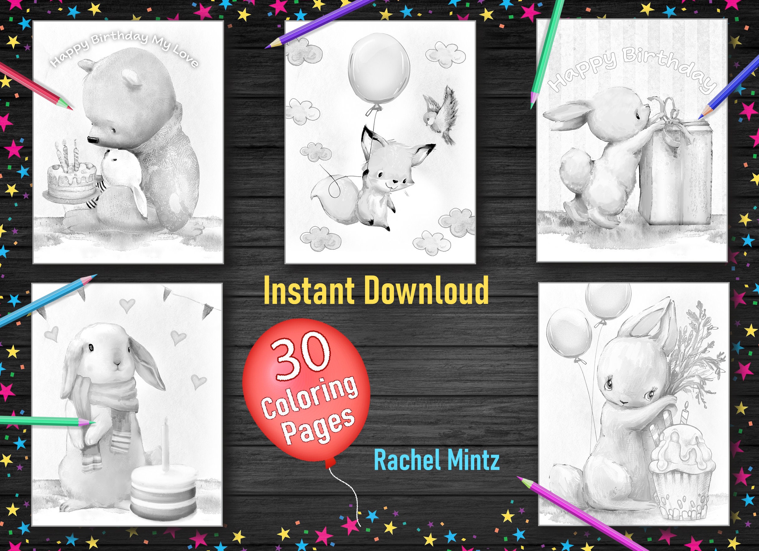 Rachel Mintz, EASY Grayscale Coloring Pages, Adorable Cute Animals ...