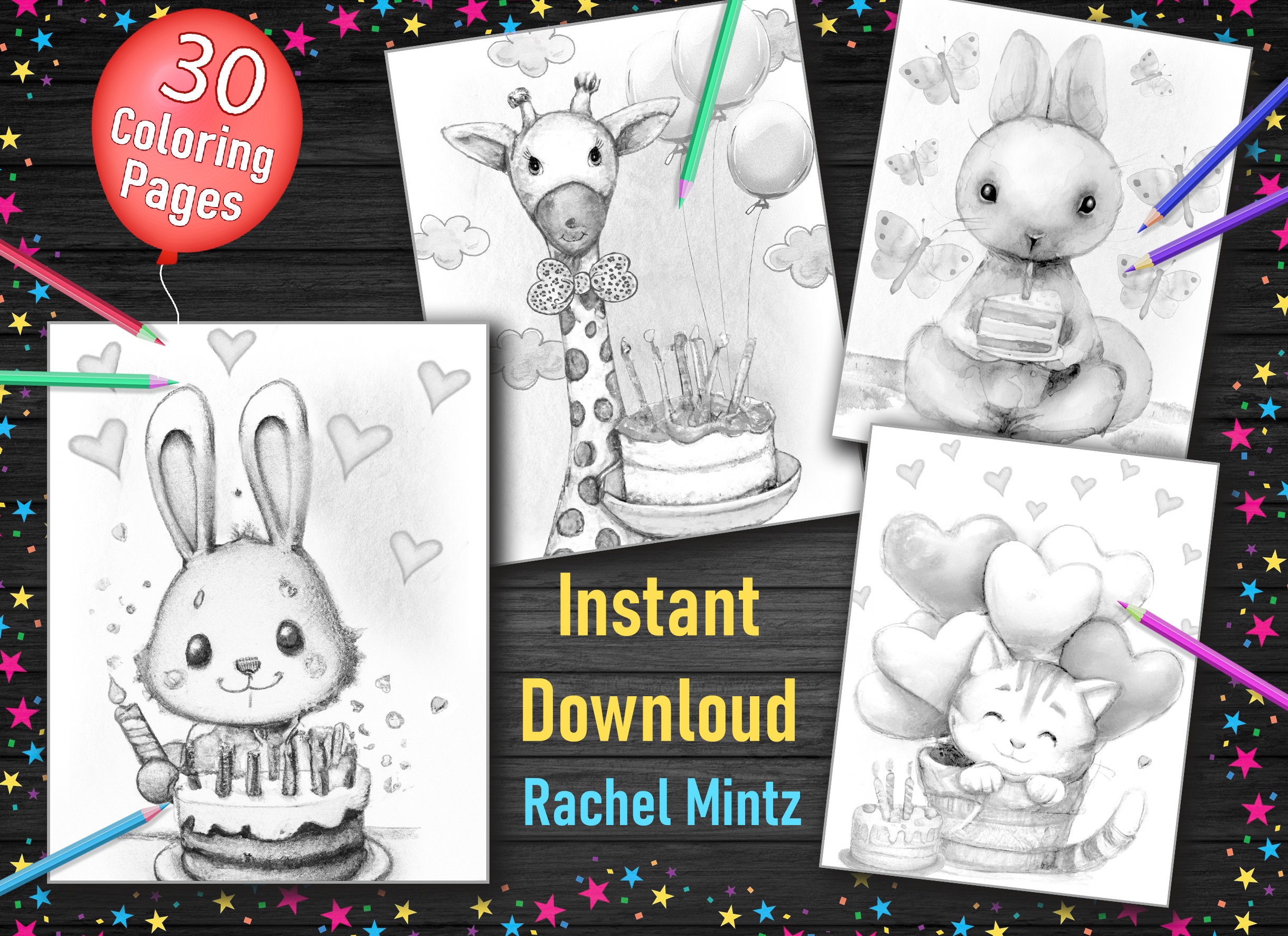 Rachel Mintz, EASY Grayscale Coloring Pages, Adorable Cute Animals ...