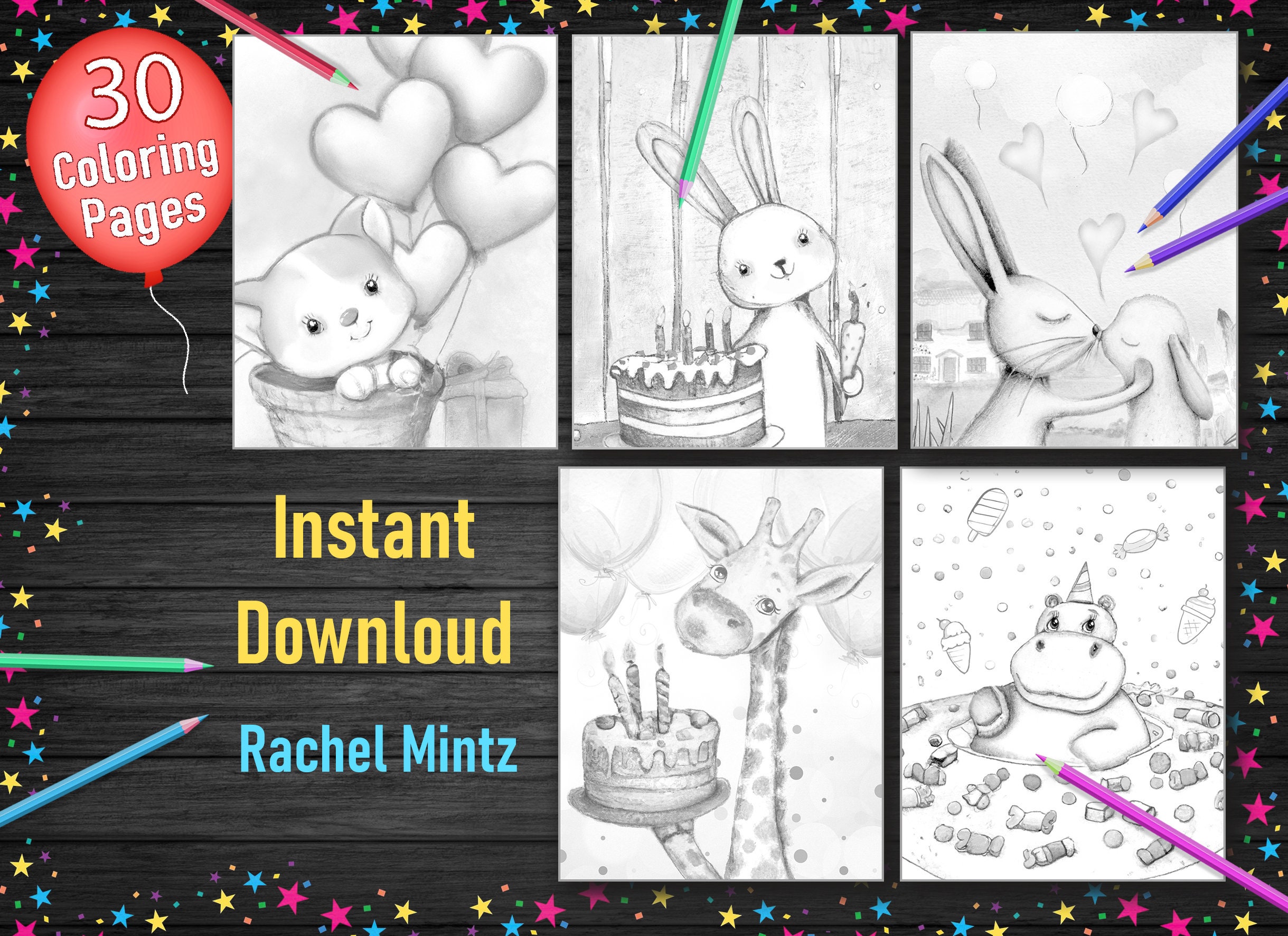 Rachel Mintz, EASY Grayscale Coloring Pages, Adorable Cute Animals ...