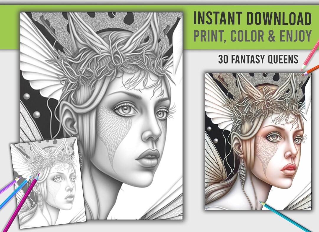 30 X2 Fantasy Queens Coloring Pages, Beautiful Surreal Women Portraits ...