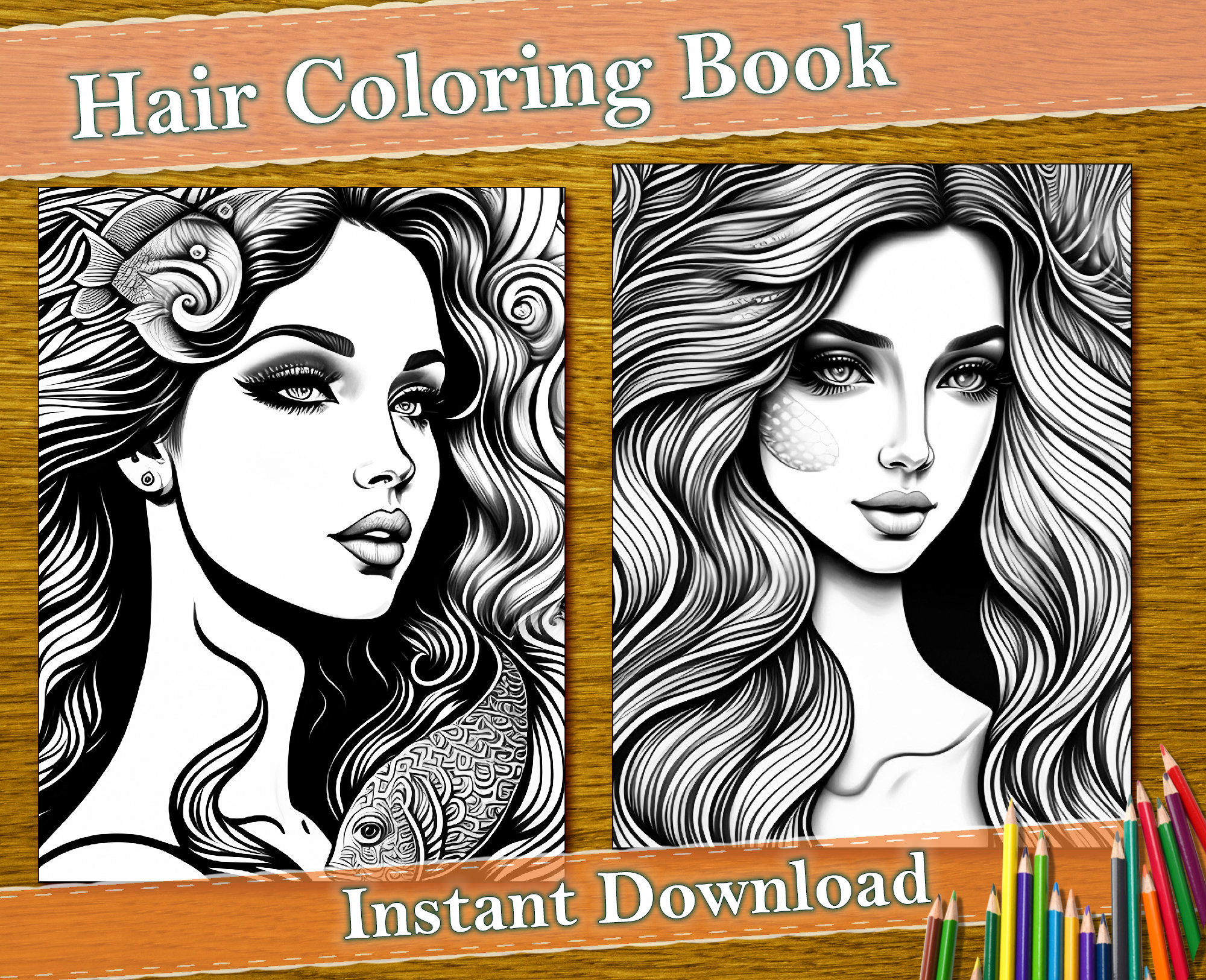 Hair Coloring Book, Beautiful Girls Portraits With Flowing Hairstyles ...