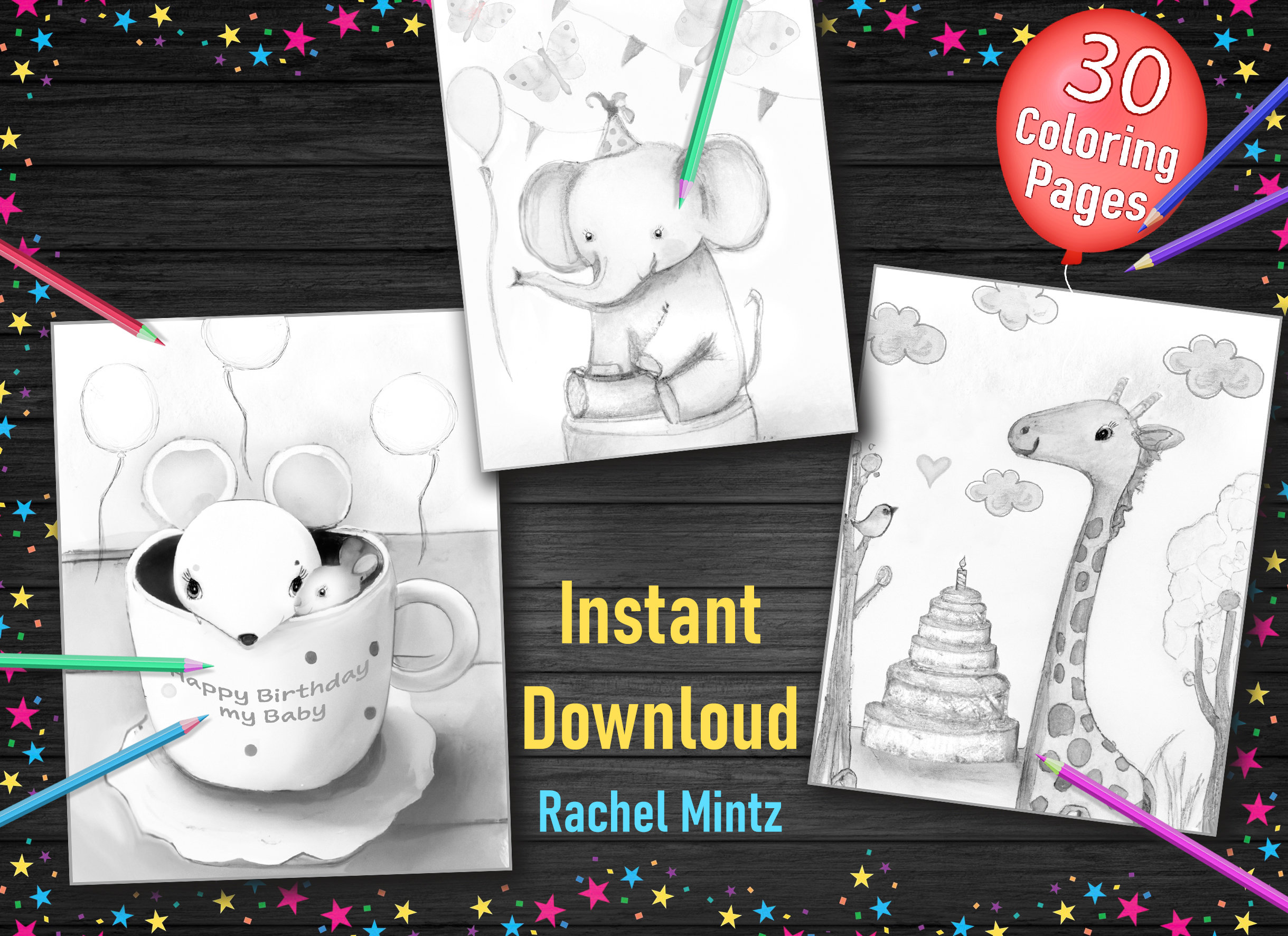 Rachel Mintz, EASY Grayscale Coloring Pages, Adorable Cute Animals ...