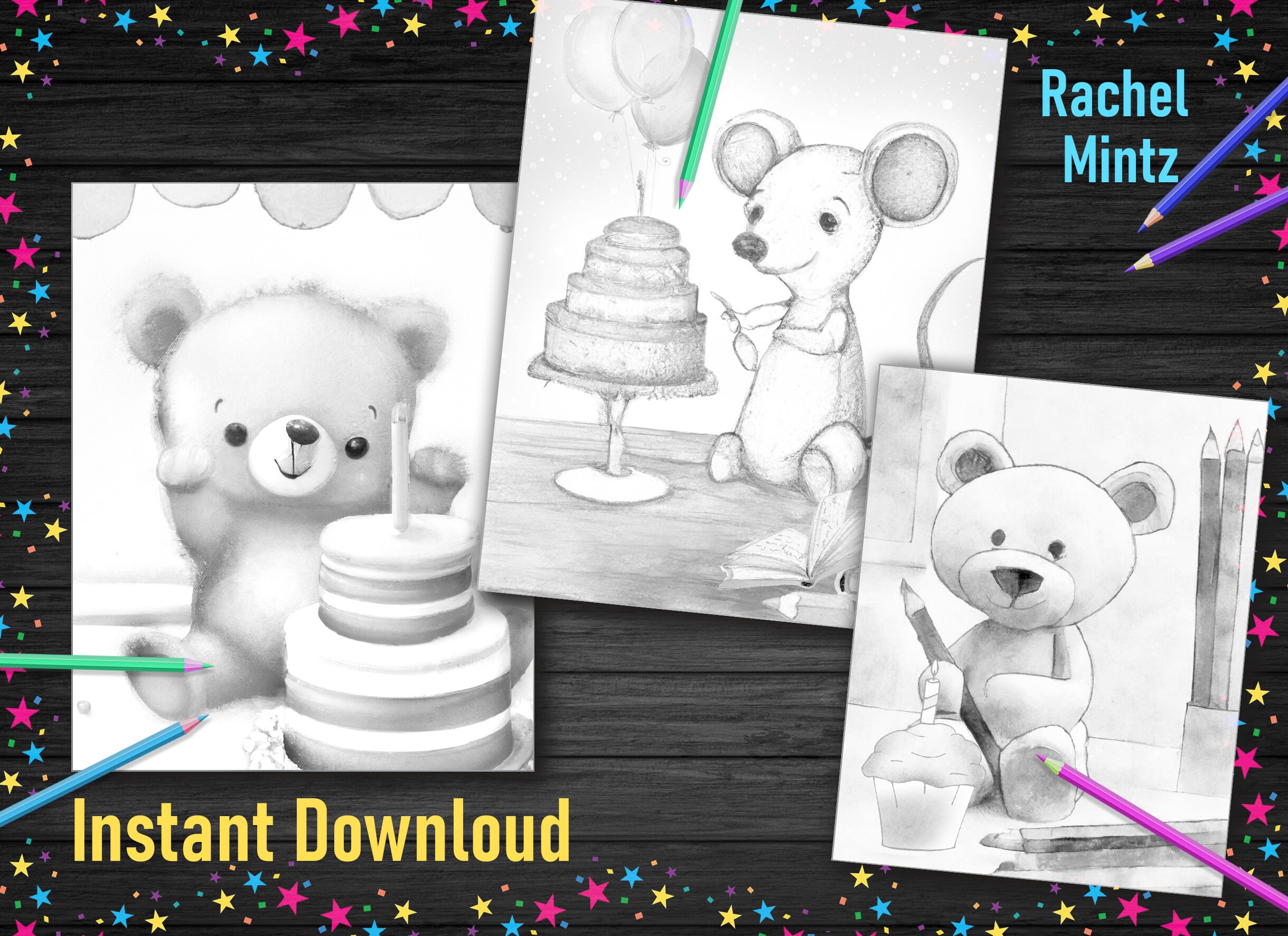 Rachel Mintz Grayscale Coloring Book, Cute Animals (PDF) - Etsy