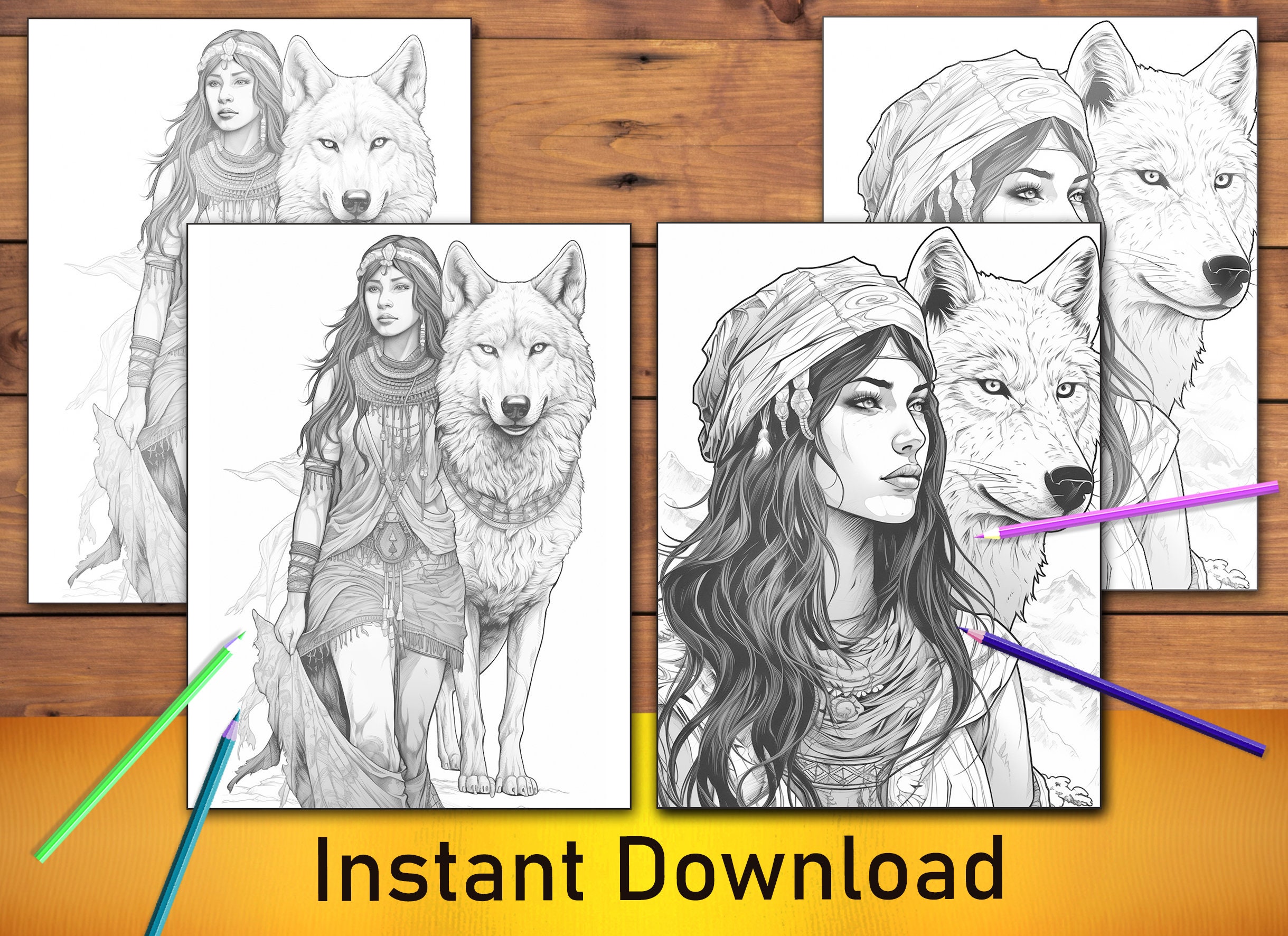 27X2 Realistic Wolves Coloring Pages, Beautiful Native American Women ...