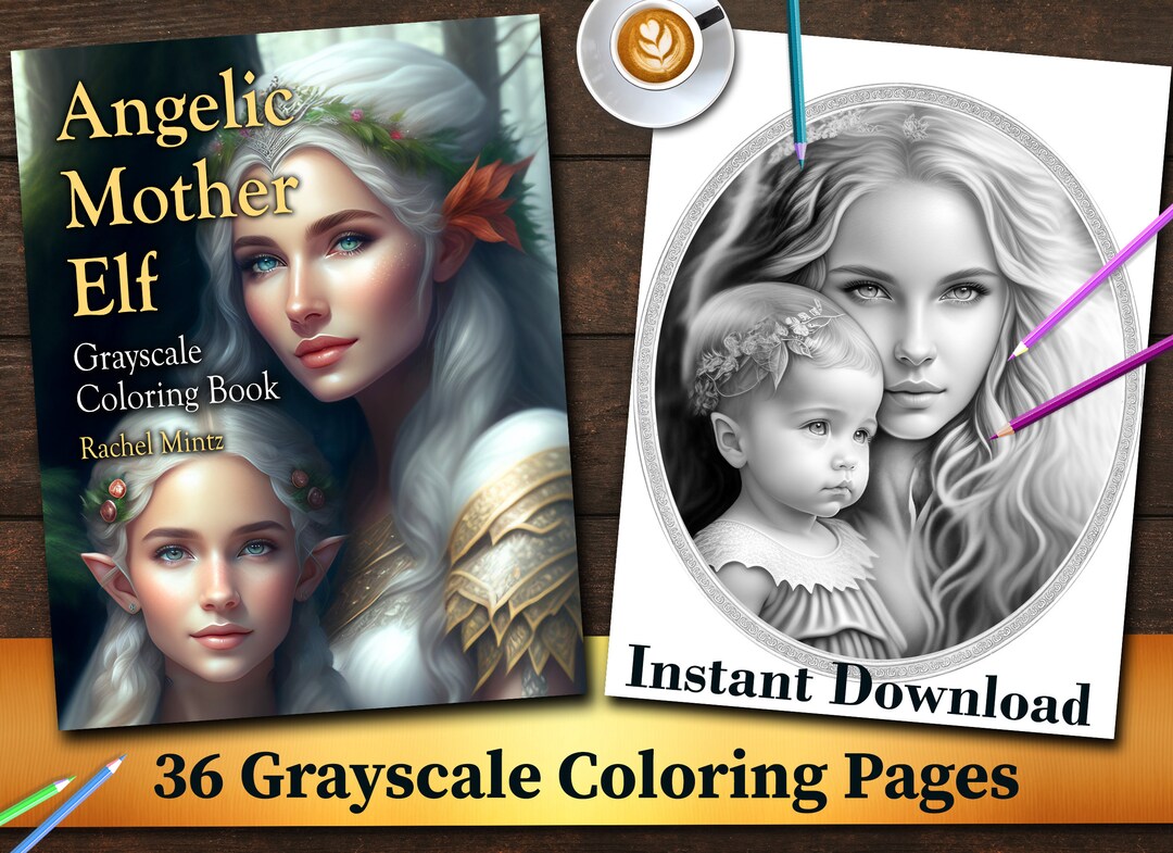 Angelic Elf Women Coloring Book, Fantasy Elves Mother Day, Grayscale ...