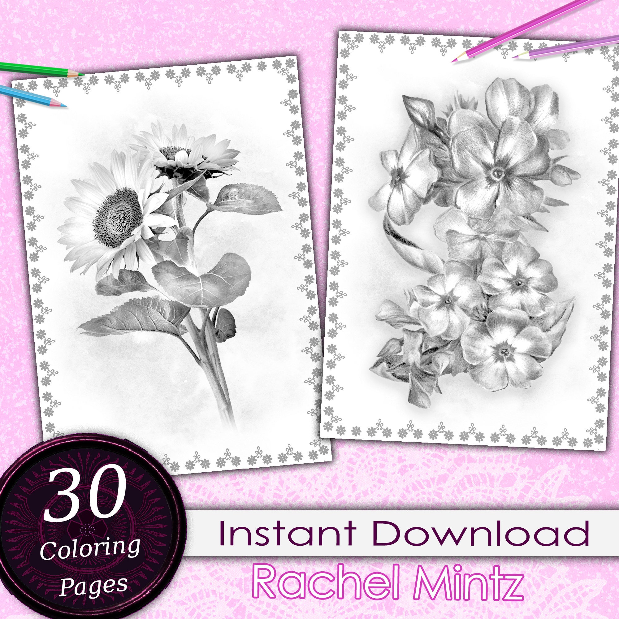Rachel Mintz, 30 Vintage Flowers Coloring Book, Beautiful Retro ...