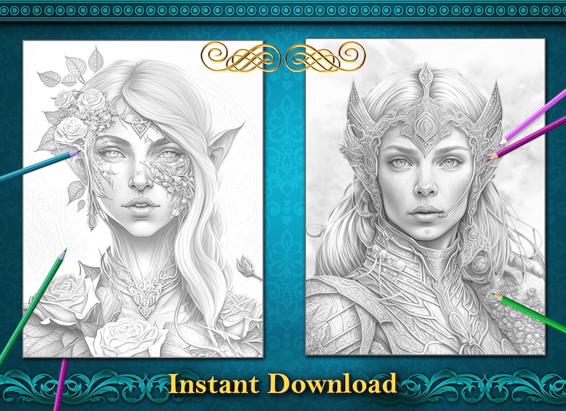 Fantasy Beauties Coloring Pages: Surreal Elf Princesses (PDF Download ...