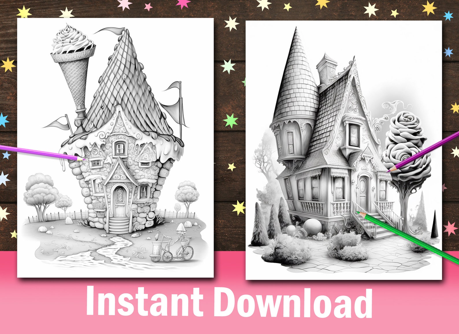 40 Adorable Ice-cream Houses Coloring Pages, Cute Tiny Fantasy Candy ...