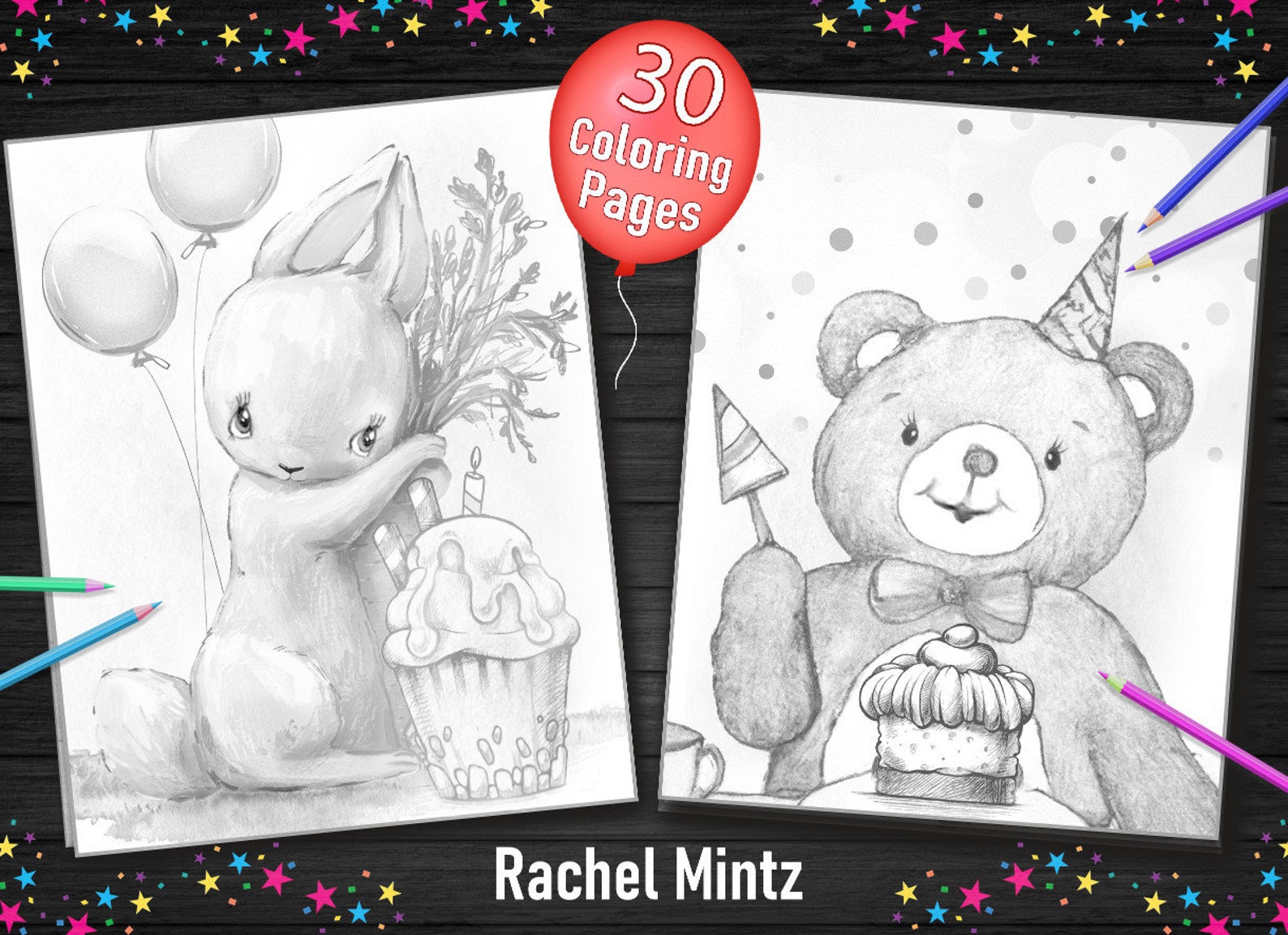 Rachel Mintz, EASY Grayscale Coloring Pages, Adorable Cute Animals ...