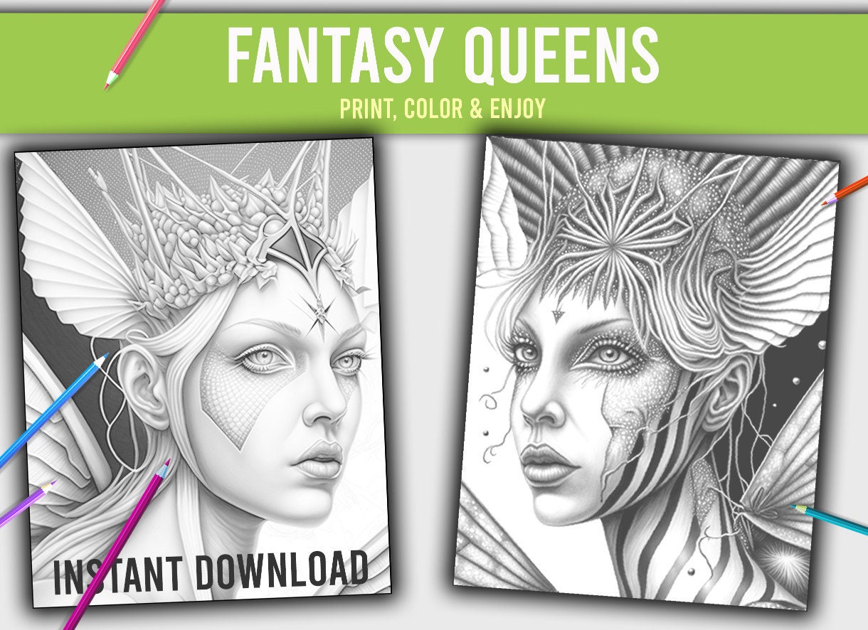 30 X2 Fantasy Queens Coloring Pages, Beautiful Surreal Women Portraits ...