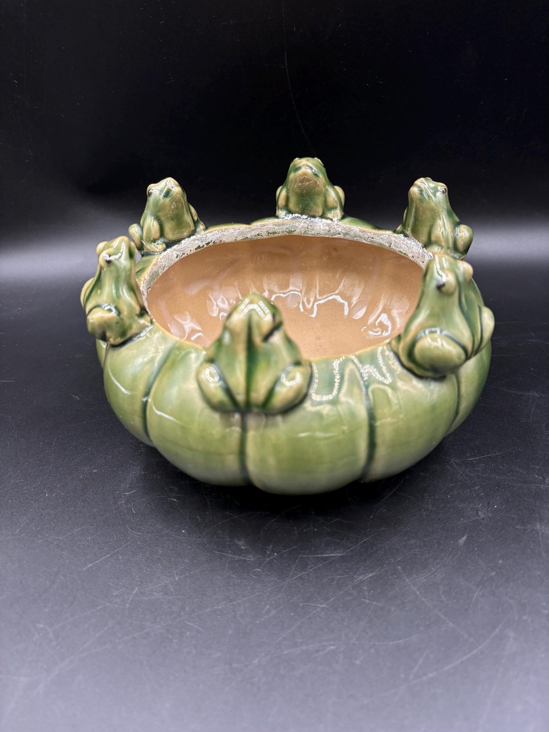 Vintage Ceramic Frog Planter, 6 Frogs on the Rim, Blue Green, Lucky ...