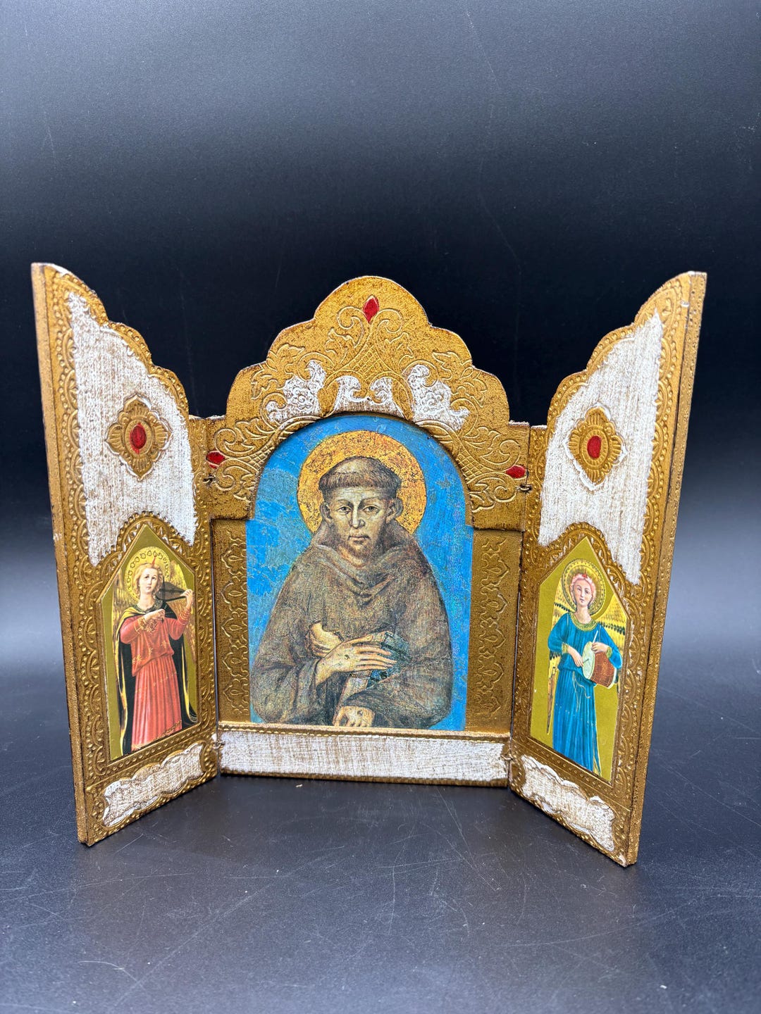 Vintage Italian Florentine Triptych, St. Francis With Two Angels - Etsy