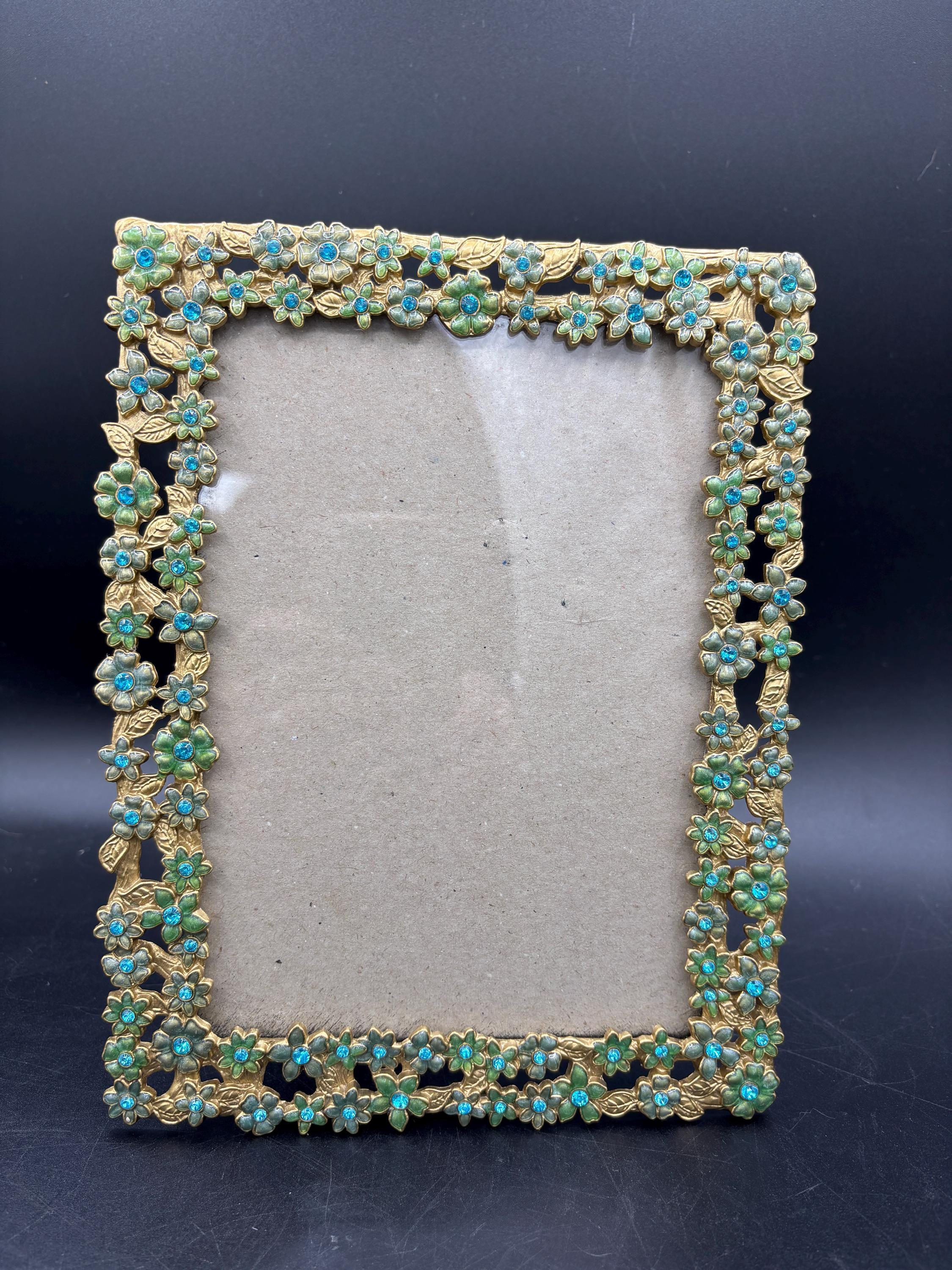 Vintage Gold Floral Frame With Green Enamel and Blue Rhinestone Flowers ...