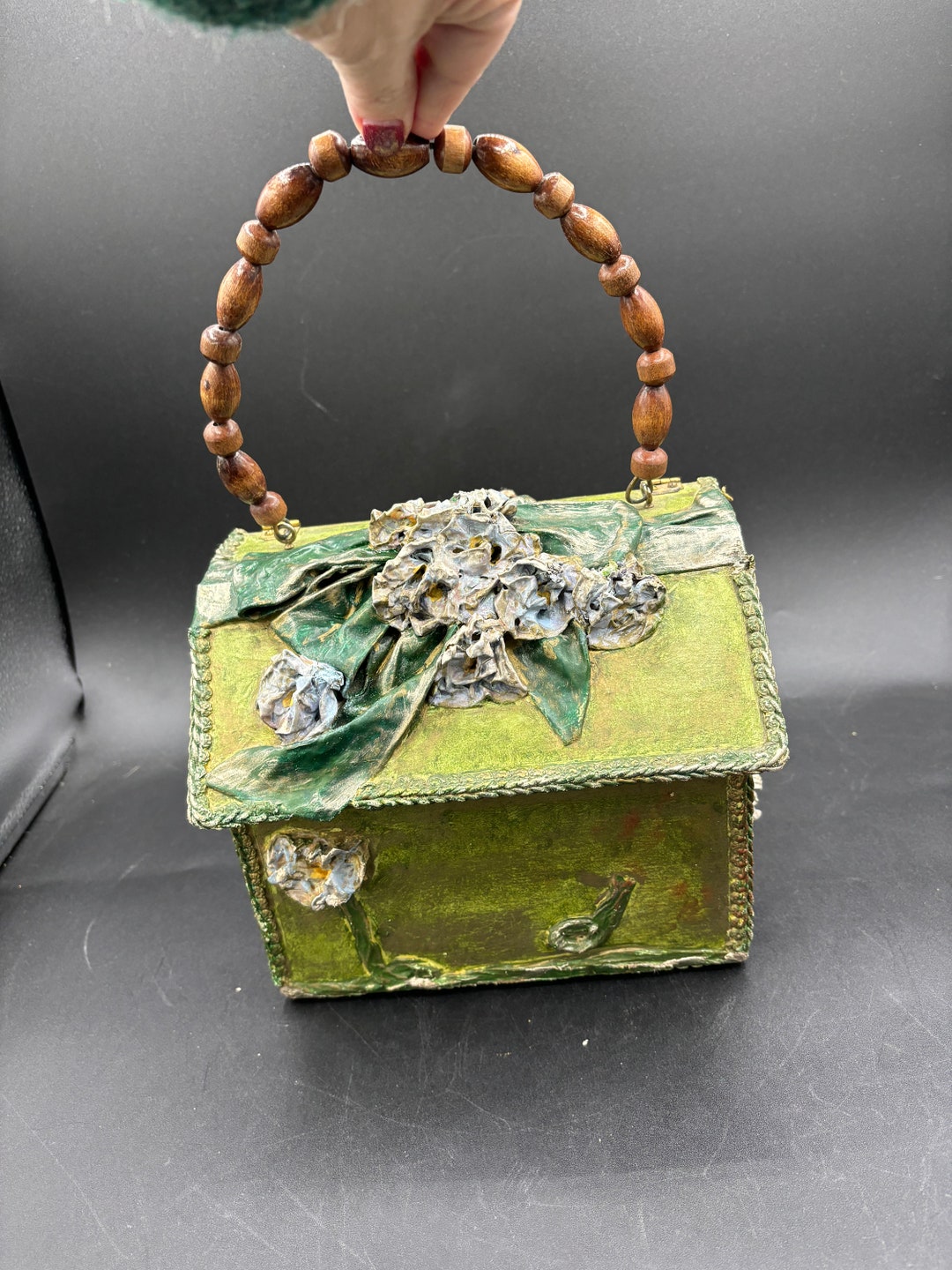 Vintage Wooden, Paper Mache Floral Box Purse, Wooden Bead Handle, Hand ...