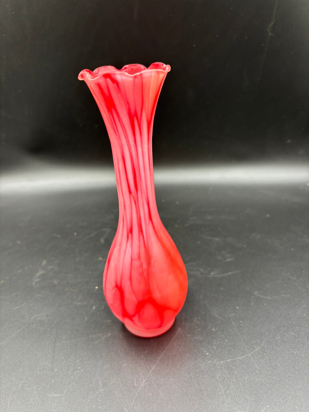 Vintage Frosted Red Vase With Swirling White Details, Fluted Rim - Etsy