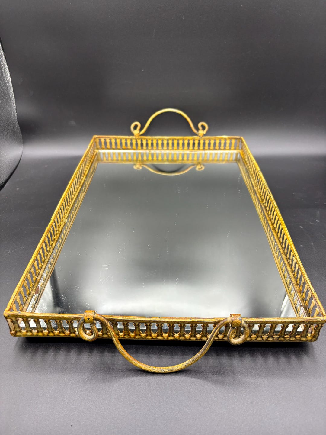 Vintage Mirrored Tray, Handles, Metal, Olive Green, Distressed, Rectangular - Etsy