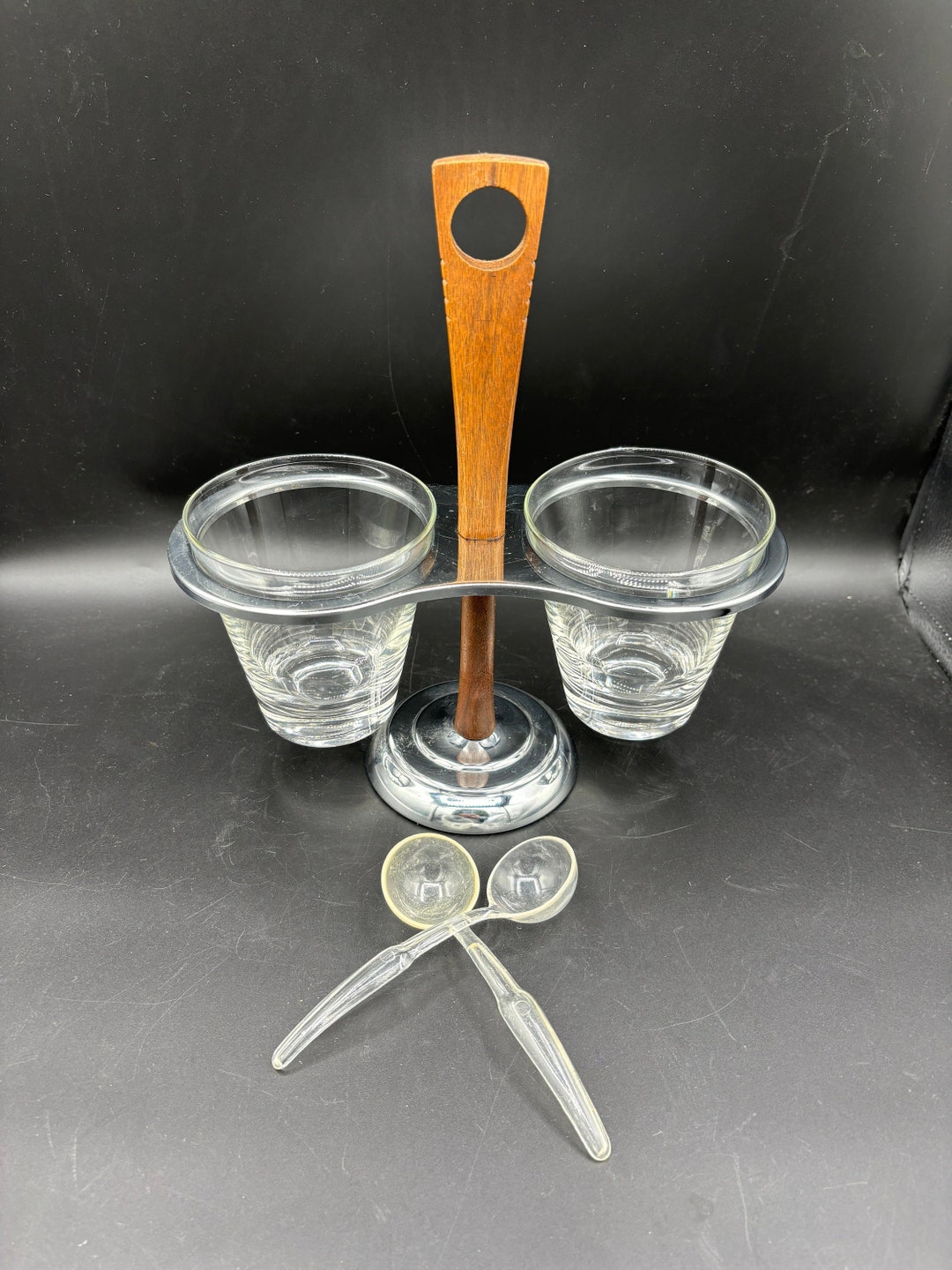 MCM Chrome Teak Kromex Condiment Server, Vintage Caddy With Glass ...