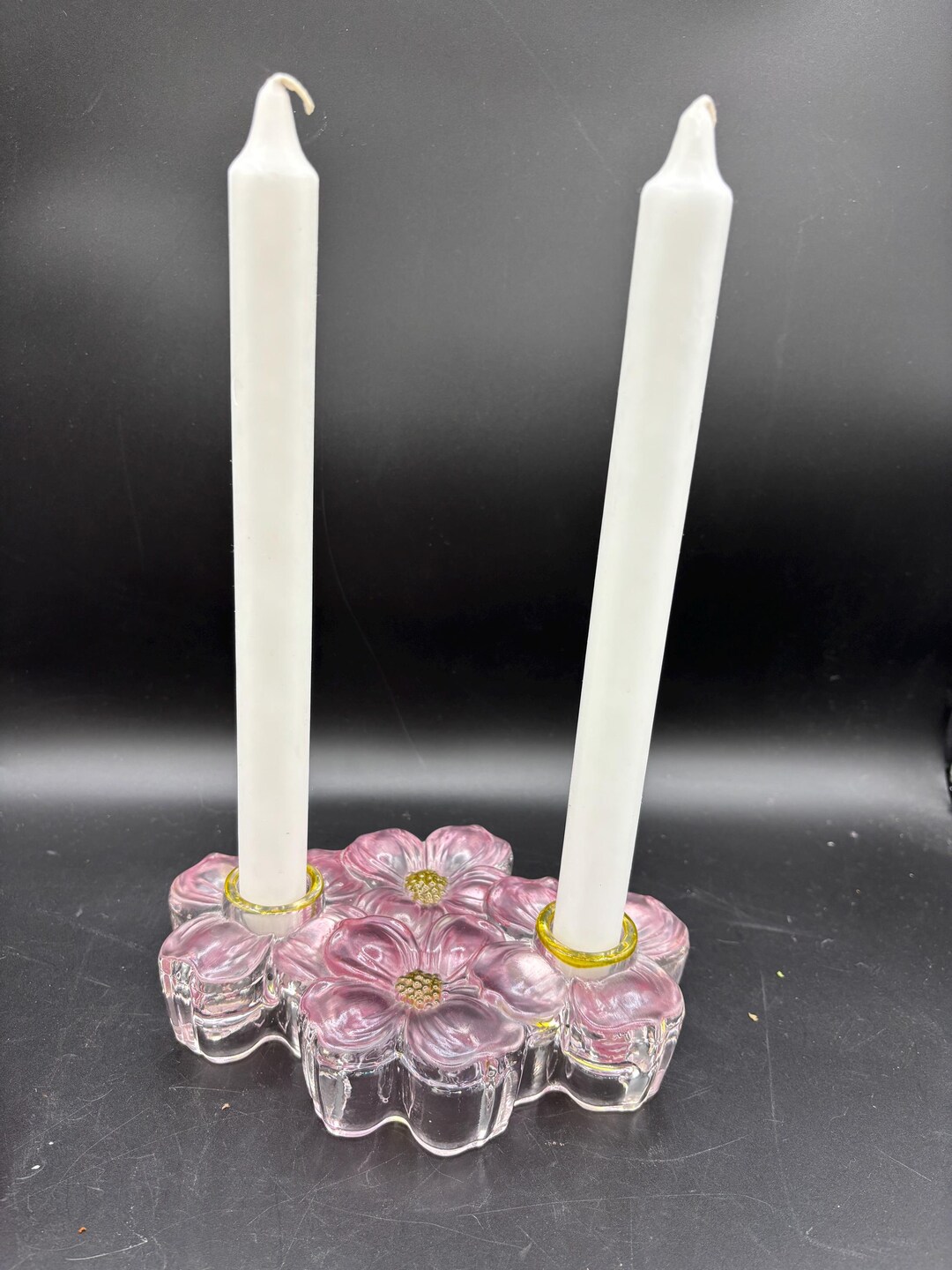 Pair of Colony Crystal Company Art Glass, Double Candle Holder, Pink ...
