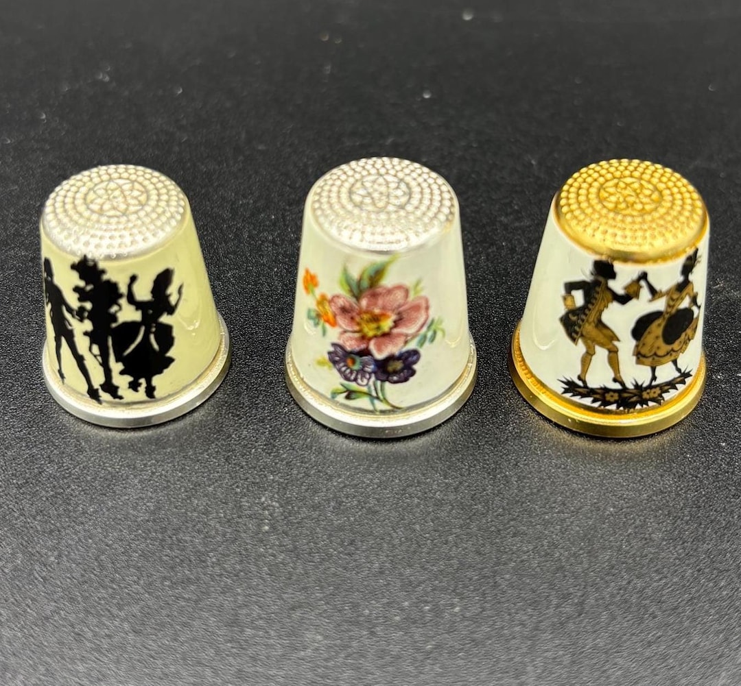 Vintage Trio of Thimbles, 925 M, 925 S, Two Silver and One Gold Enamel ...
