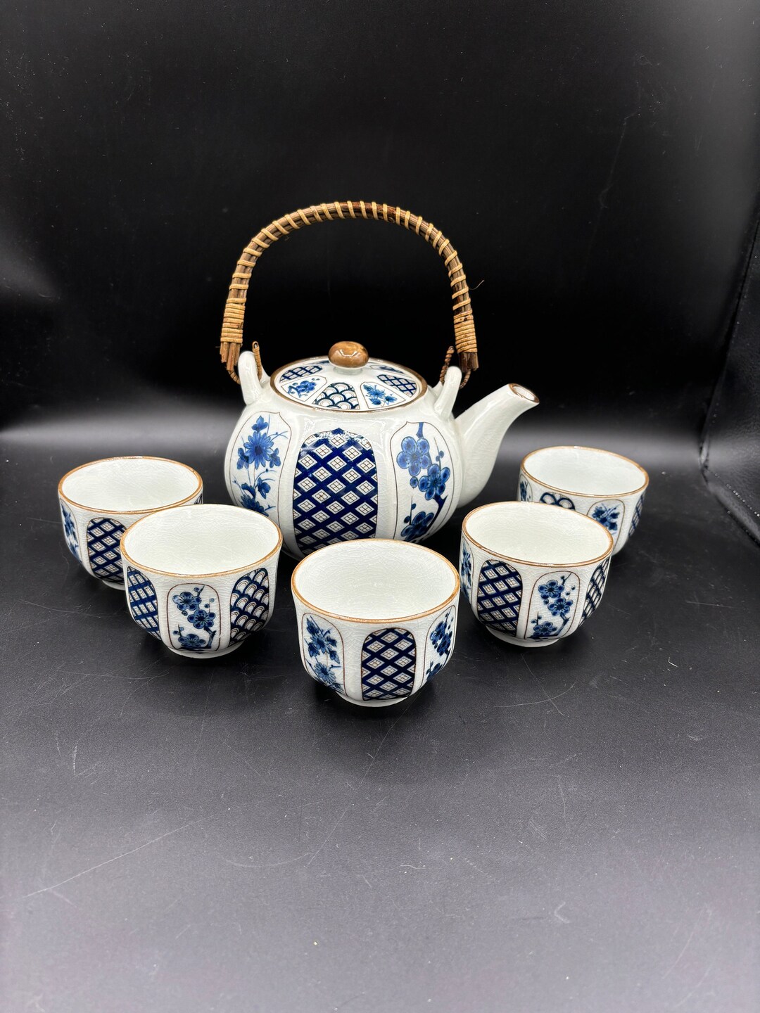 Vintage Otagiri Japan Tea Set, Tea Pot and 5 Octagonal Tea Cups, Blue ...